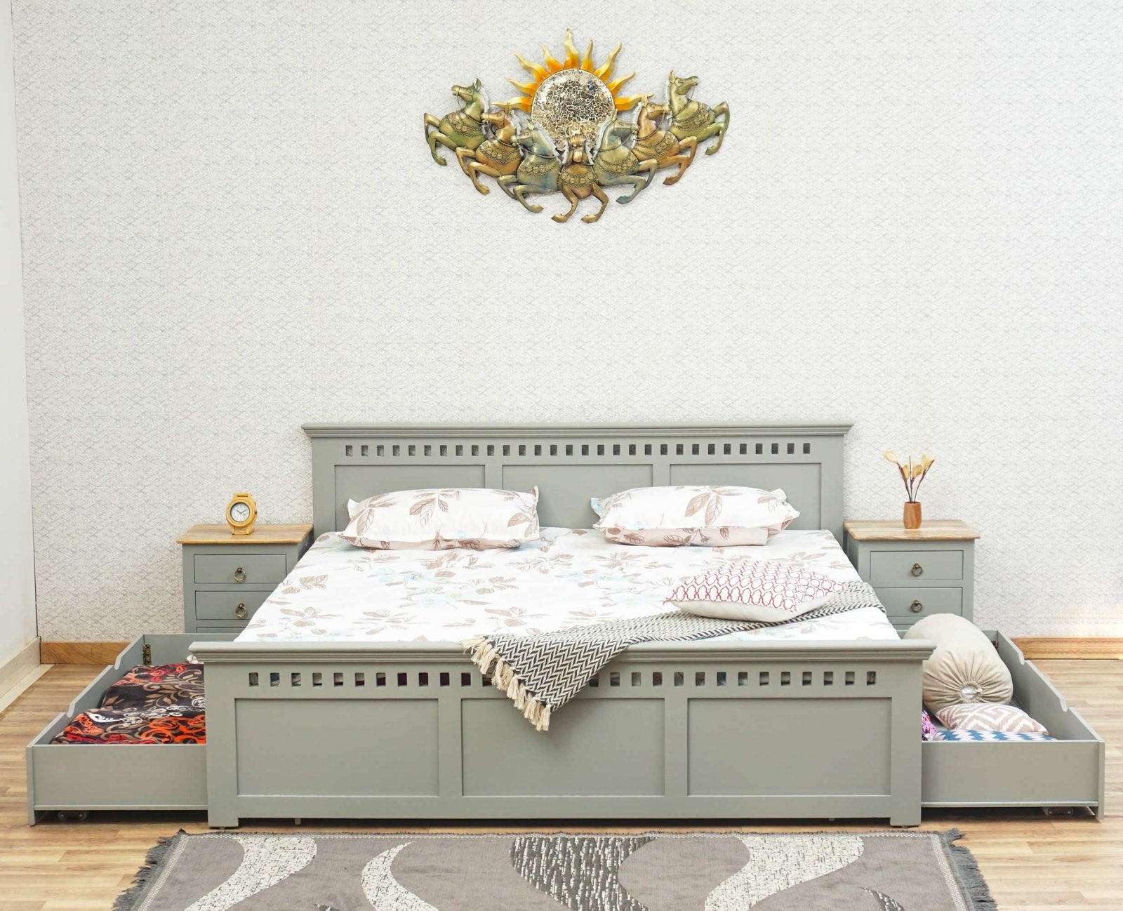 Alexandria Solid Wood King Size Bed with Storage Drawer