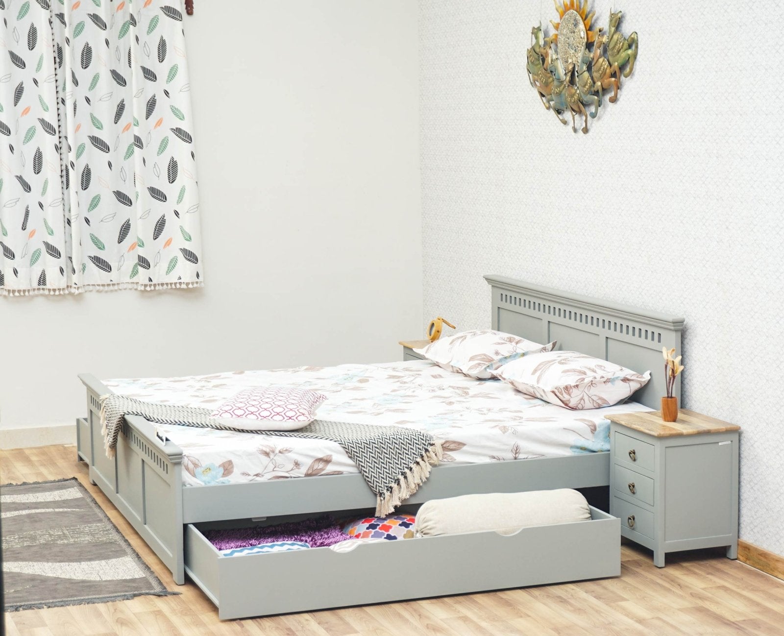 Alexandria Solid Wood King Size Bed with Storage Drawer