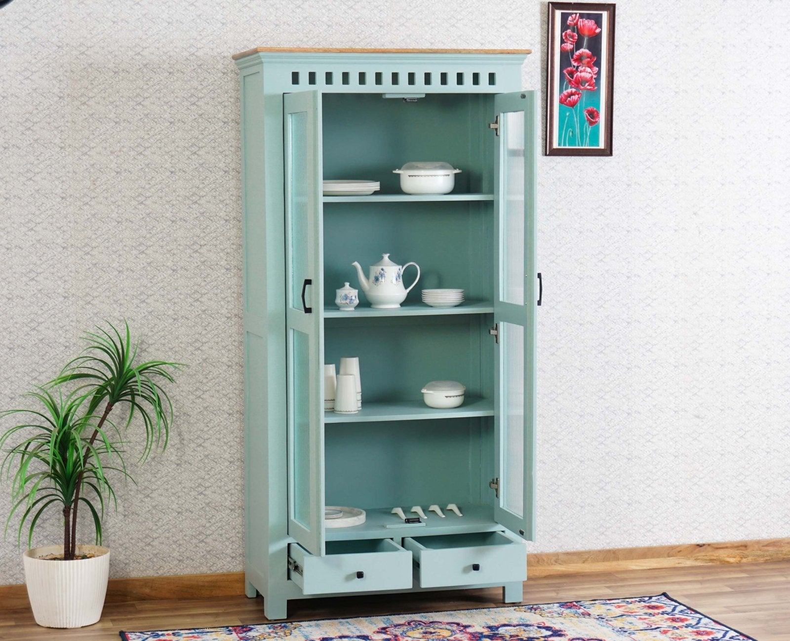 Solid Wood Kitchen Crockery Cabinet Two Door Two Drawers
