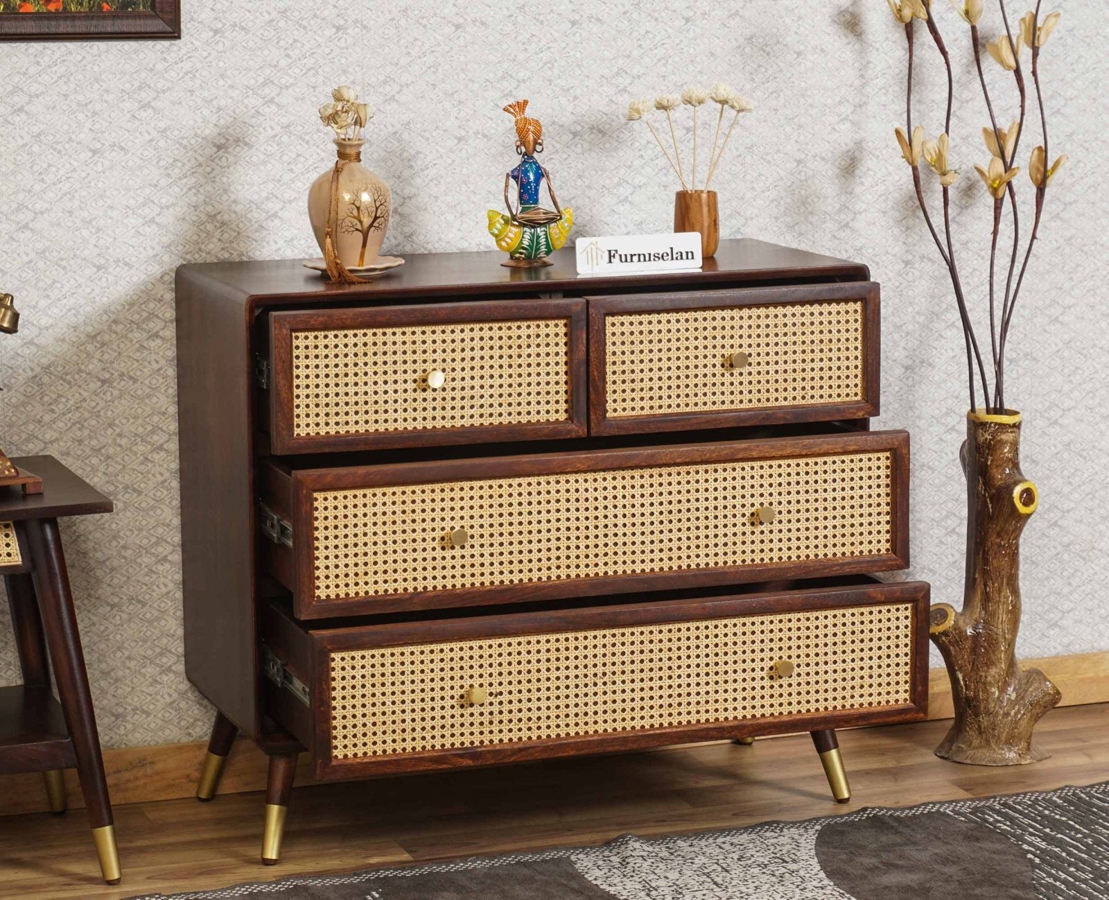 Boston Solid Wood Rattan Cane Chest of Drawer Four Drawer