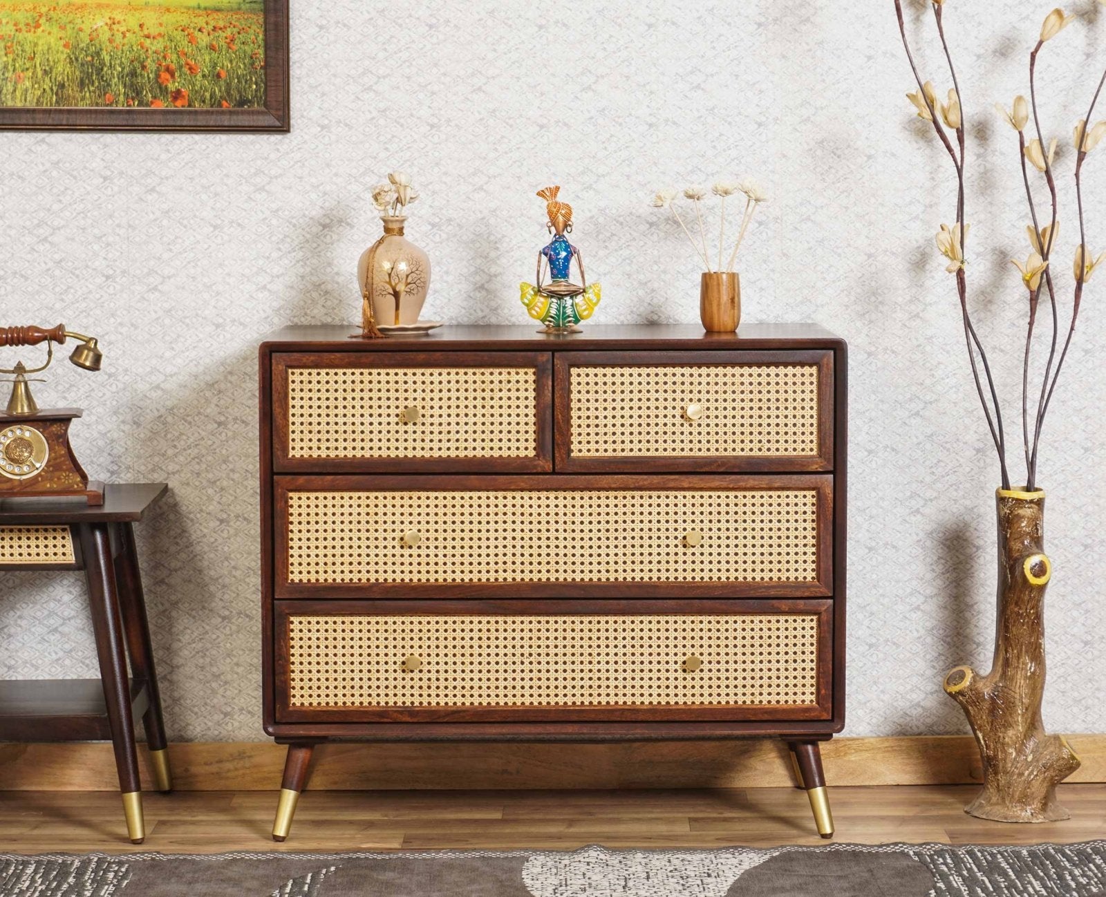Boston Solid Wood Rattan Cane Chest of Drawer Four Drawer