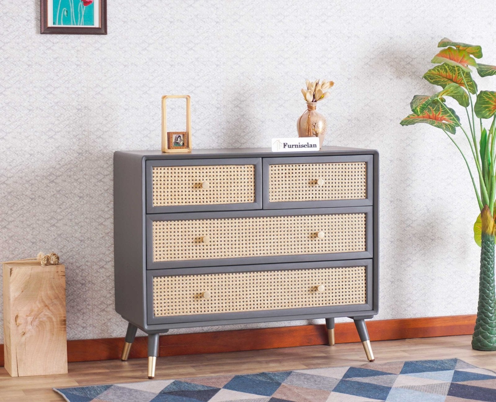 Boston Solid Wood Rattan Cane Chest of Drawer Four Drawer