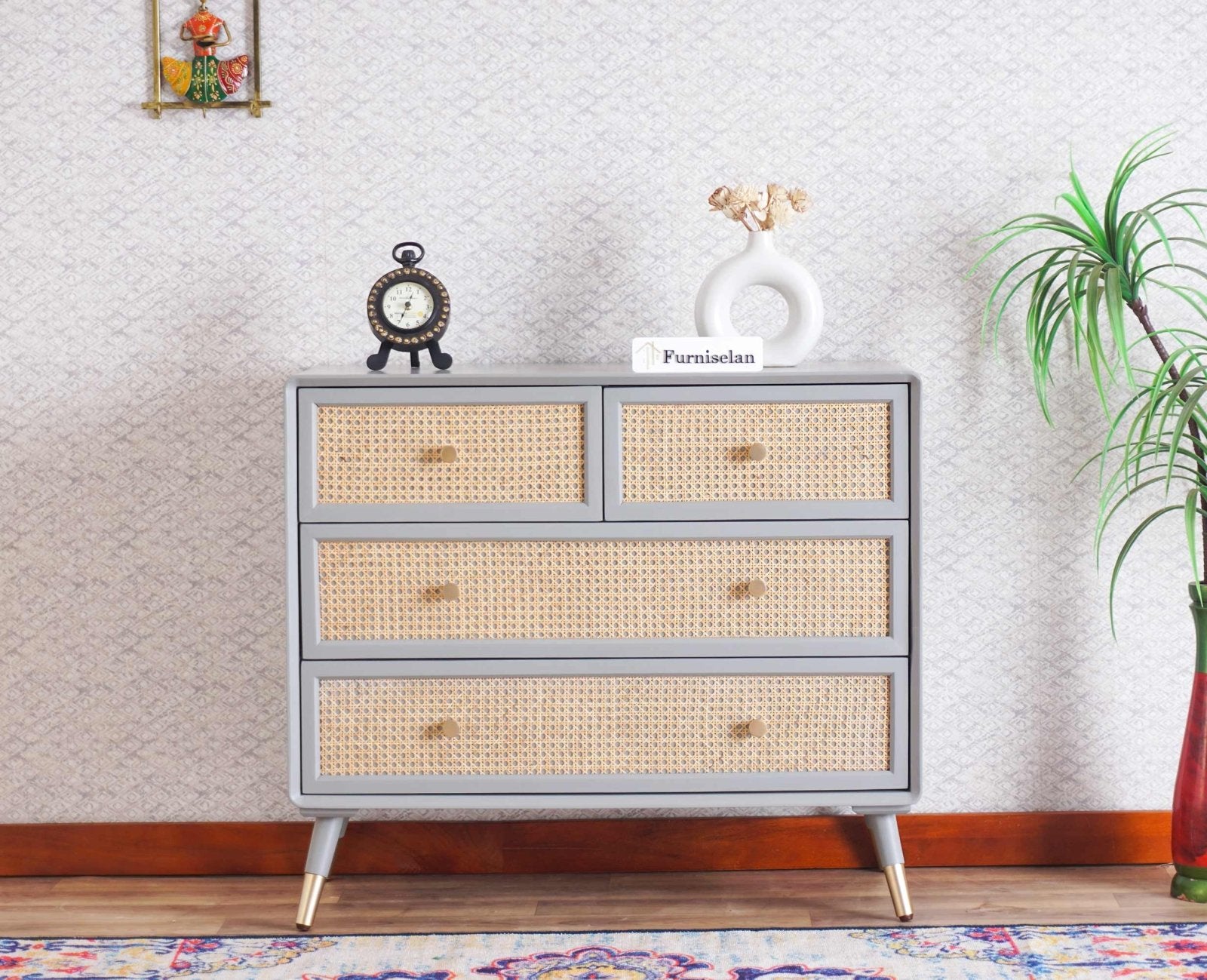 Boston Solid Wood Rattan Cane Chest of Drawer Four Drawer