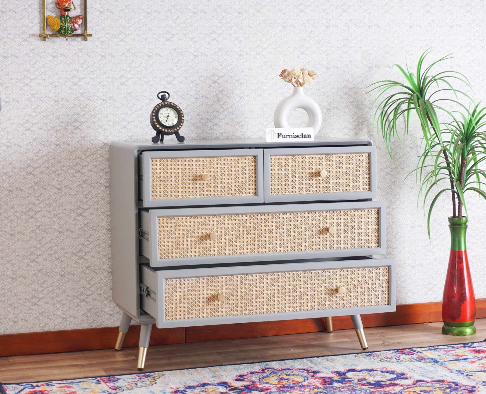 Boston Solid Wood Rattan Cane Chest of Drawer Four Drawer