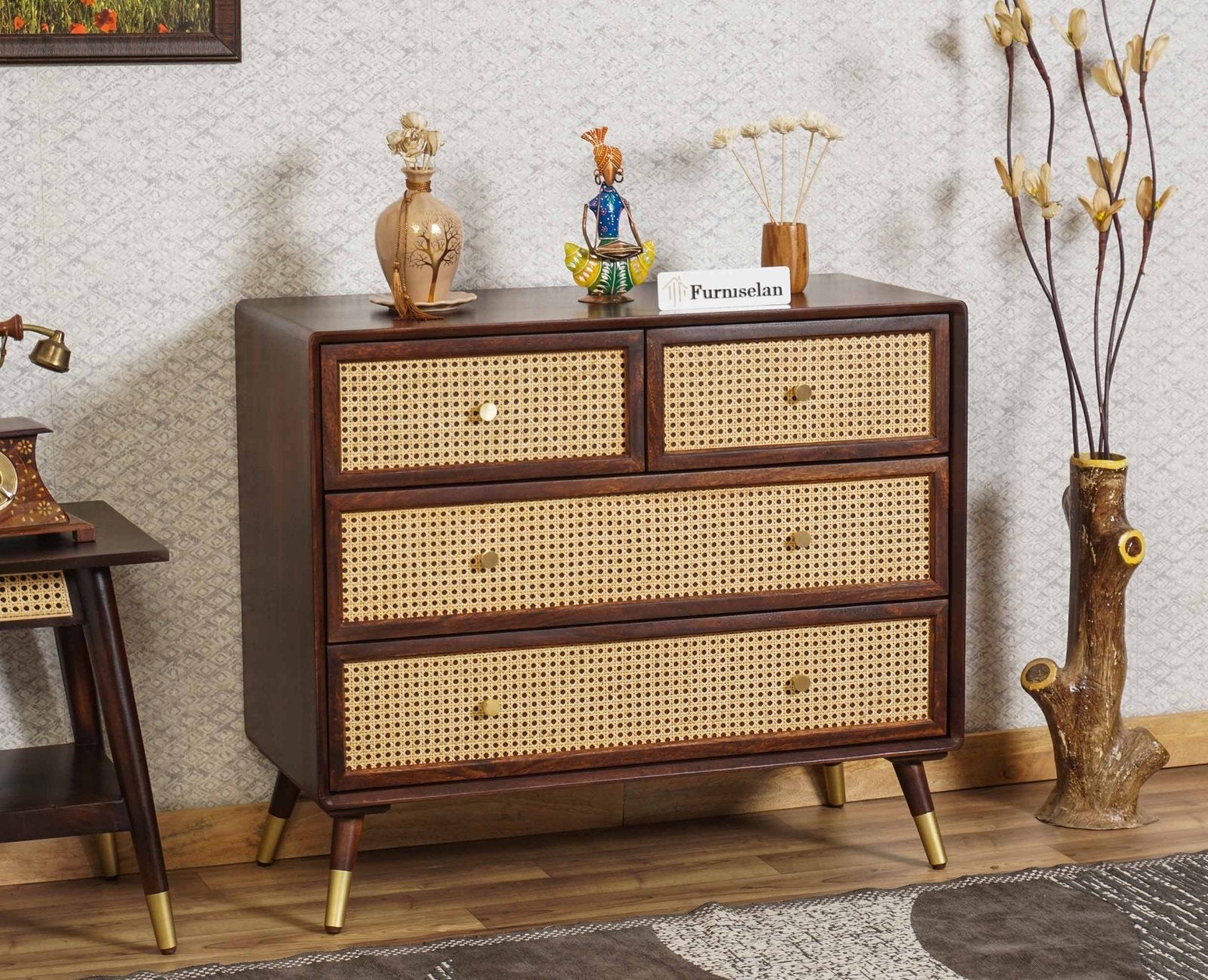 Boston Solid Wood Rattan Cane Chest of Drawer Four Drawer
