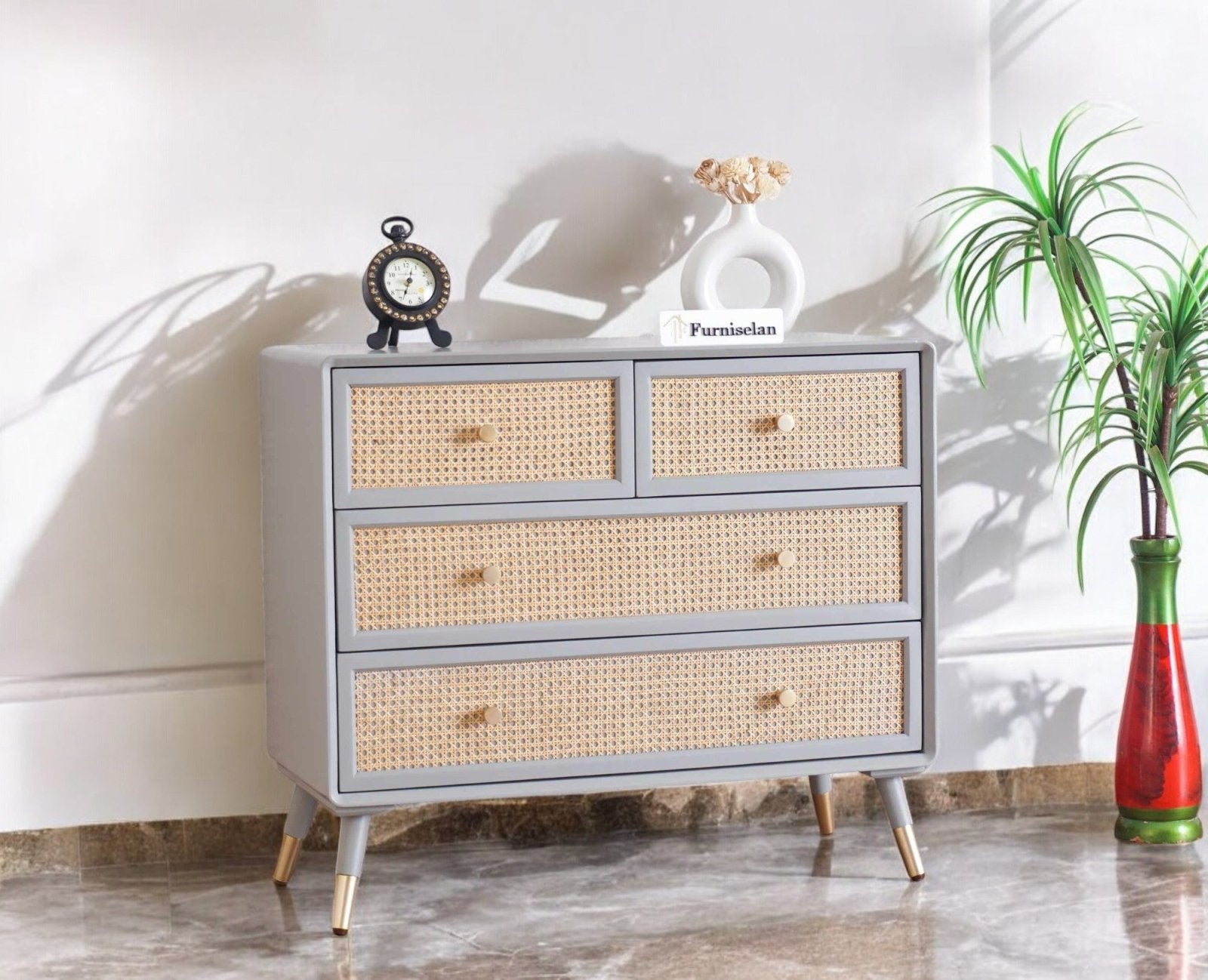 Boston Solid Wood Rattan Cane Chest of Drawer Four Drawer