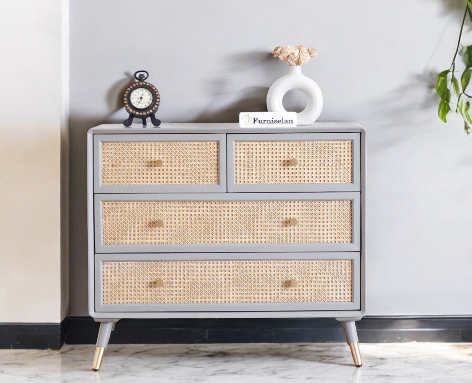 Boston Solid Wood Rattan Cane Chest of Drawer Four Drawer