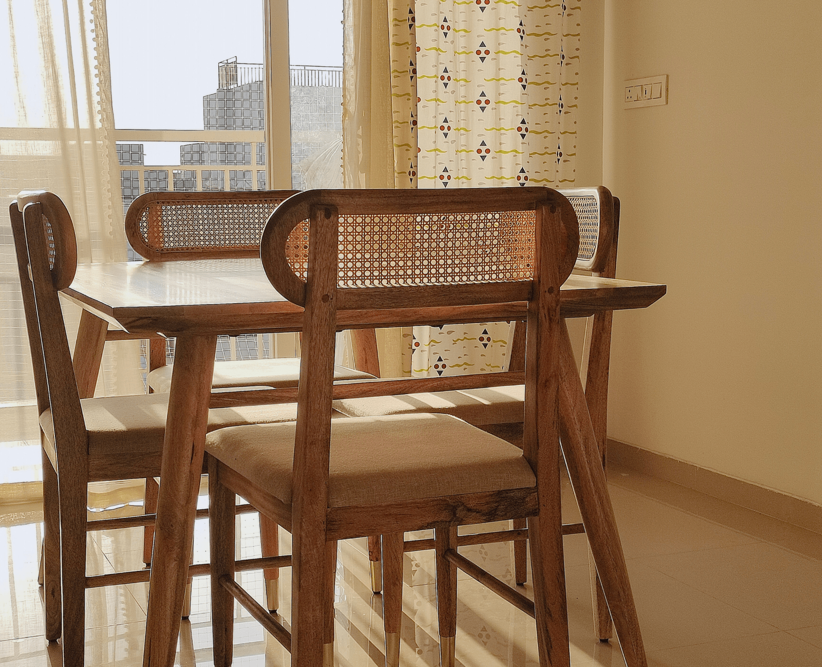 Boston Solid Wood Rattan Cane Dining Table Four-Seater Set