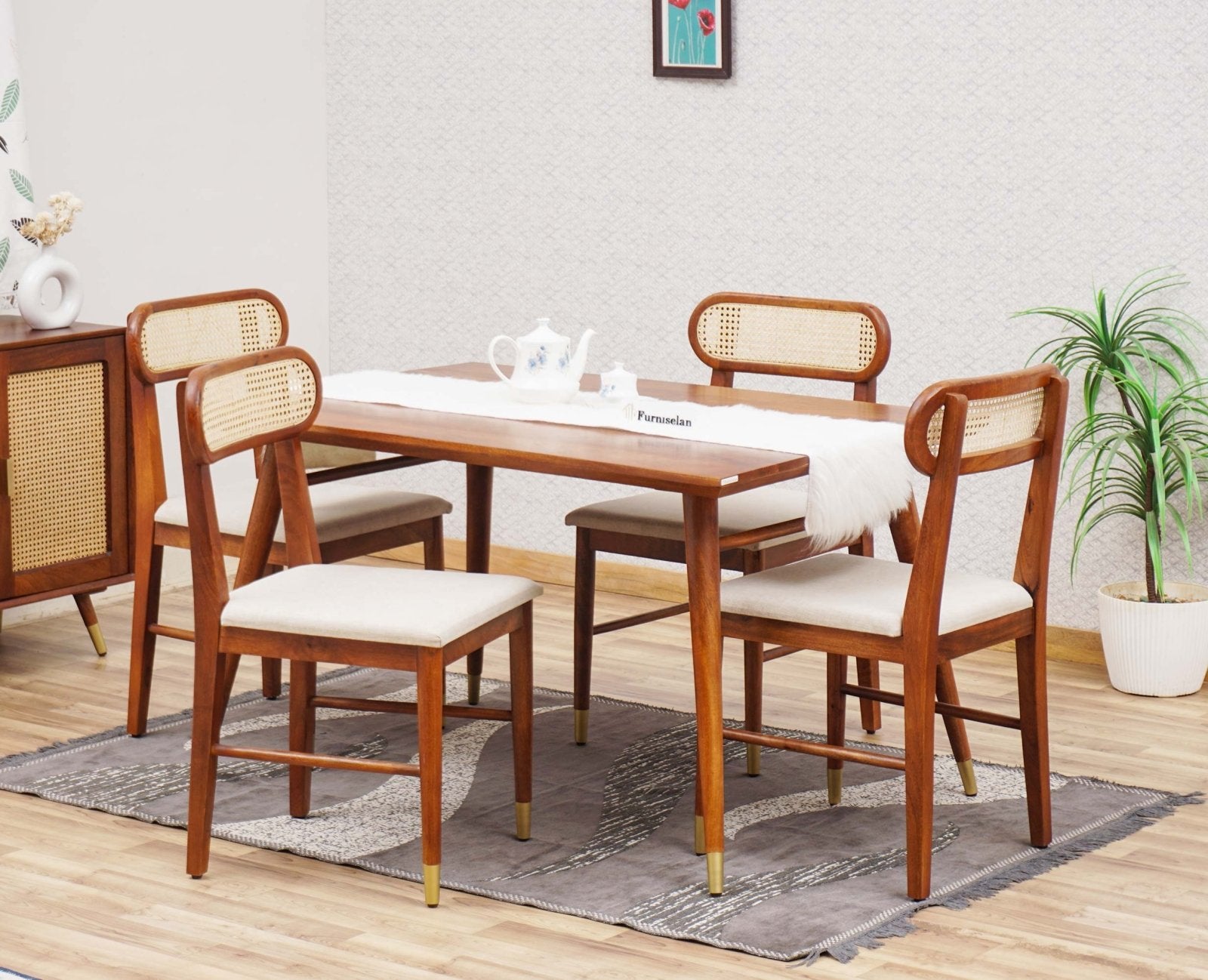 Boston Solid Wood Rattan Cane Dining Table Four-Seater Set