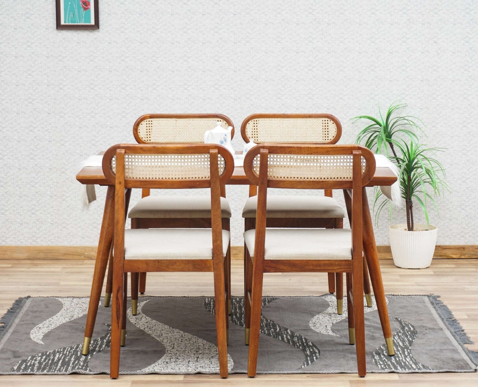Boston Solid Wood Rattan Cane Dining Table Four-Seater Set