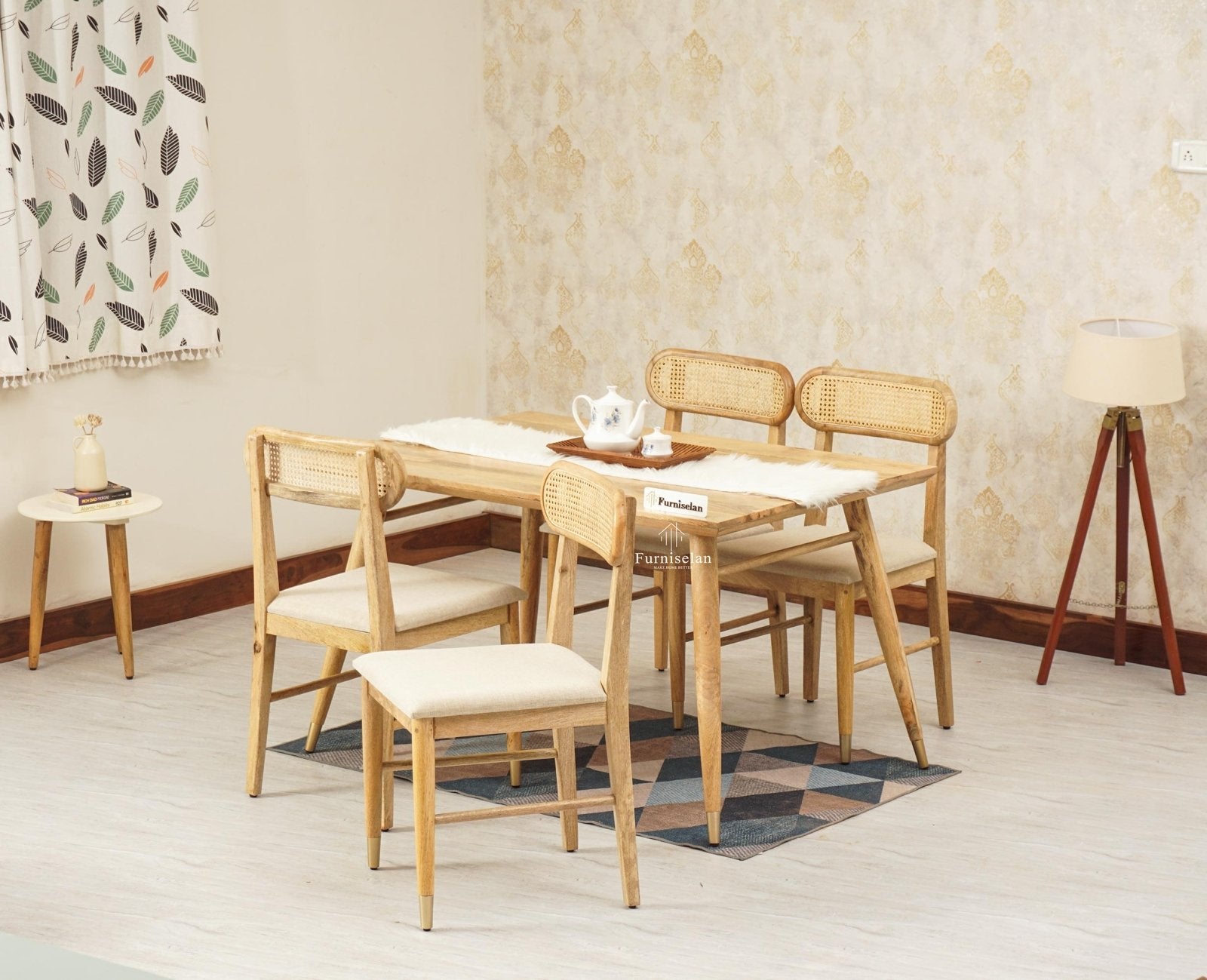 Boston Solid Wood Rattan Cane Dining Table Four-Seater Set