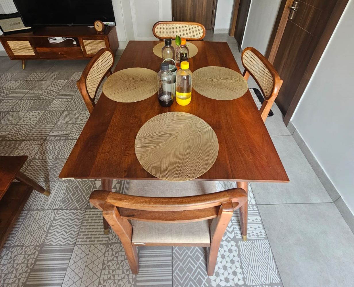 Boston Solid Wood Rattan Cane Dining Table Four-Seater Set