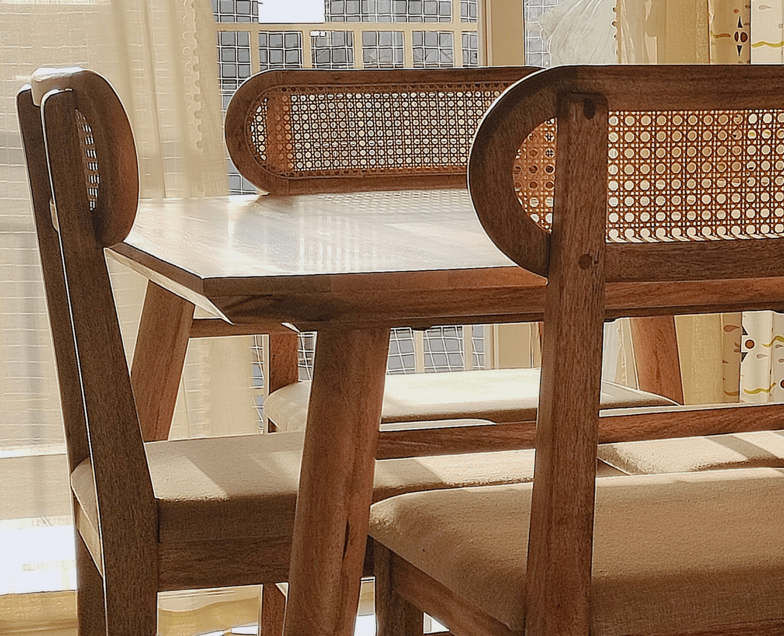 Boston Solid Wood Rattan Cane Dining Table Four-Seater Set