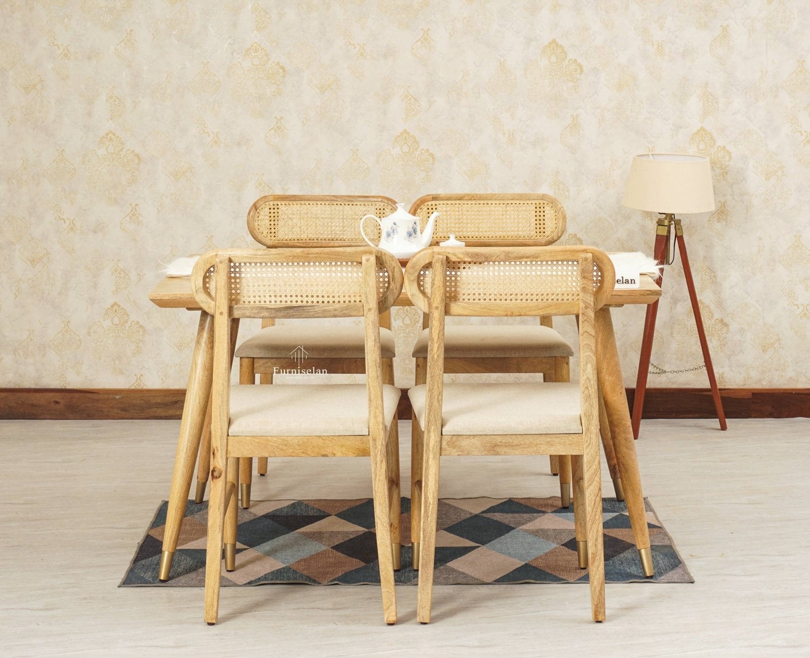Boston Solid Wood Rattan Cane Dining Table Four-Seater Set