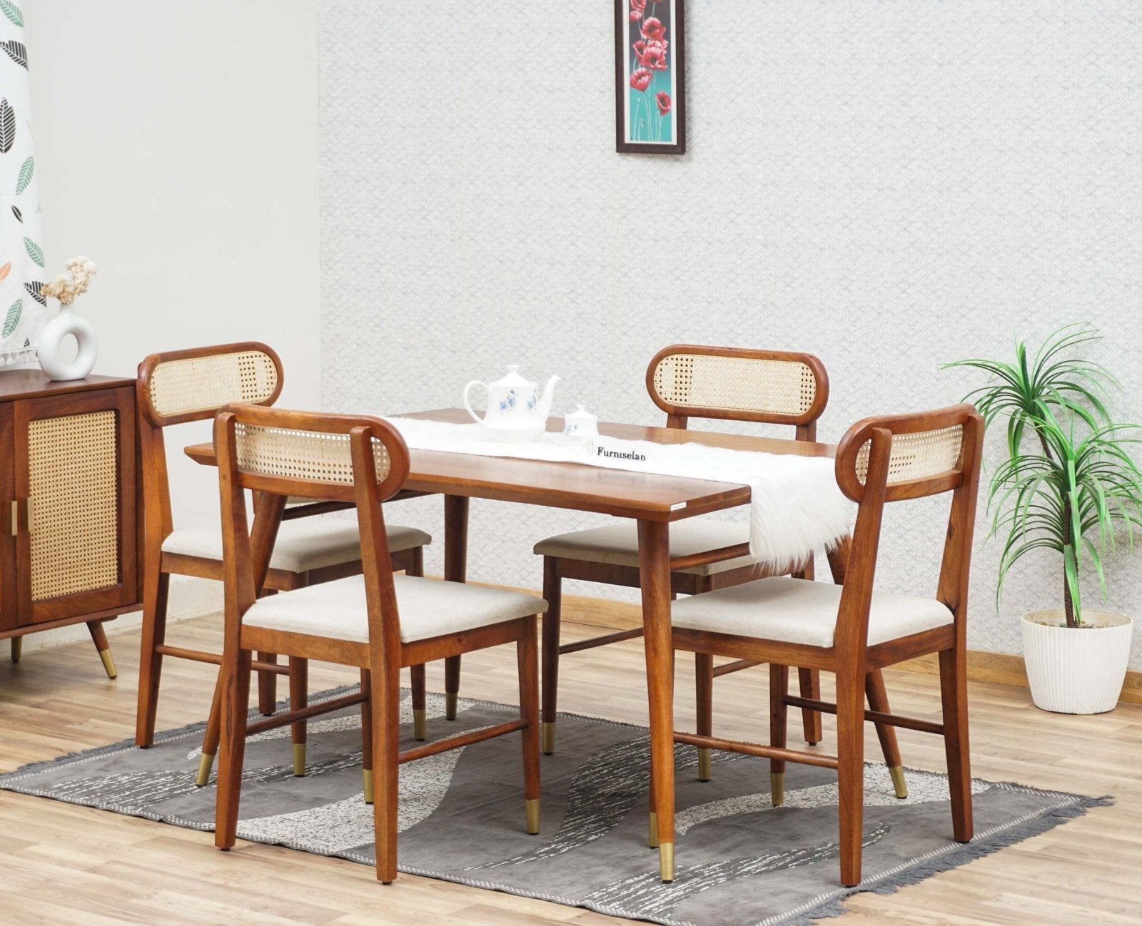 Boston Solid Wood Rattan Cane Dining Table Four-Seater Set