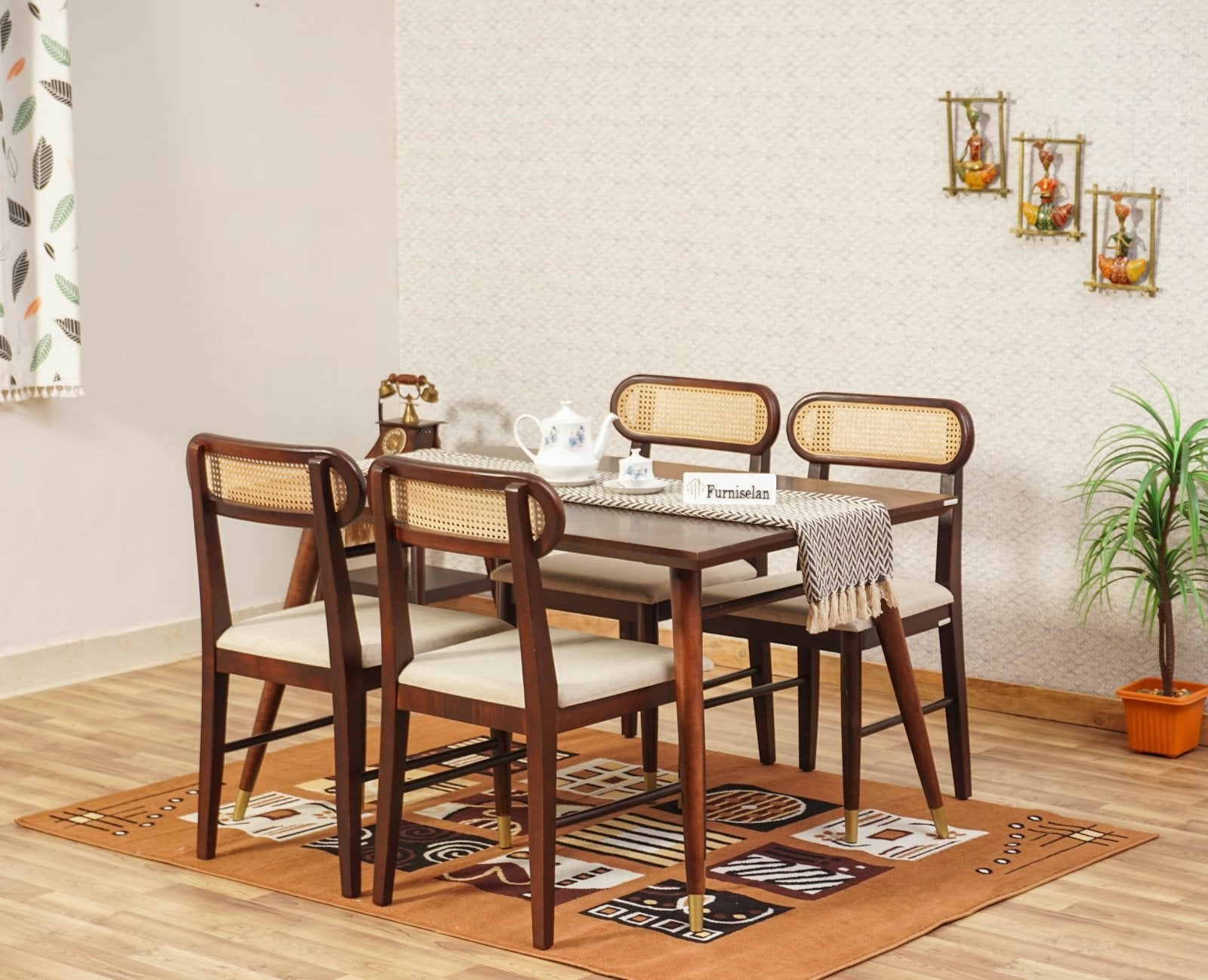 Boston Solid Wood Rattan Cane Dining Table Four-Seater Set