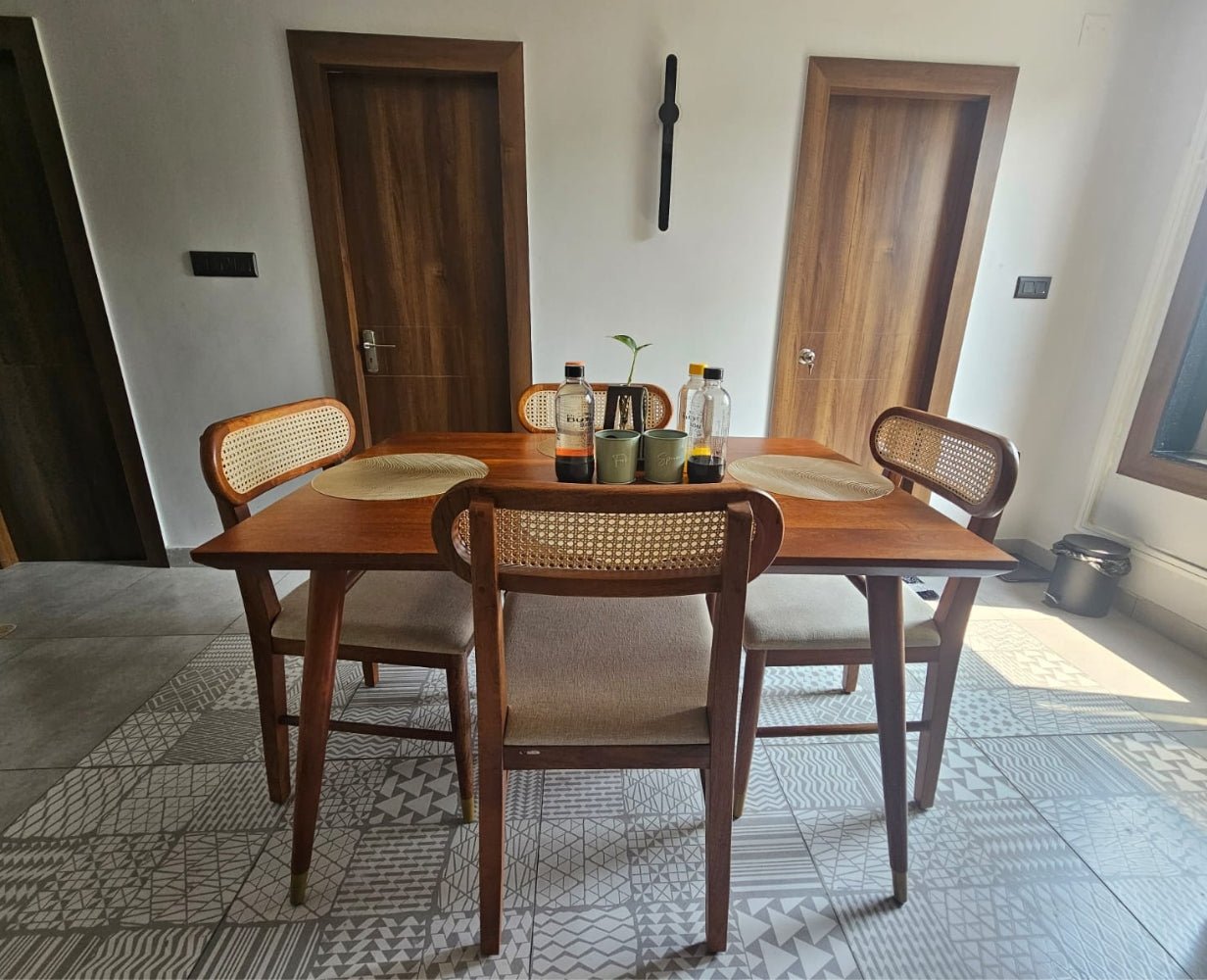 Boston Solid Wood Rattan Cane Dining Table Four Seater Set