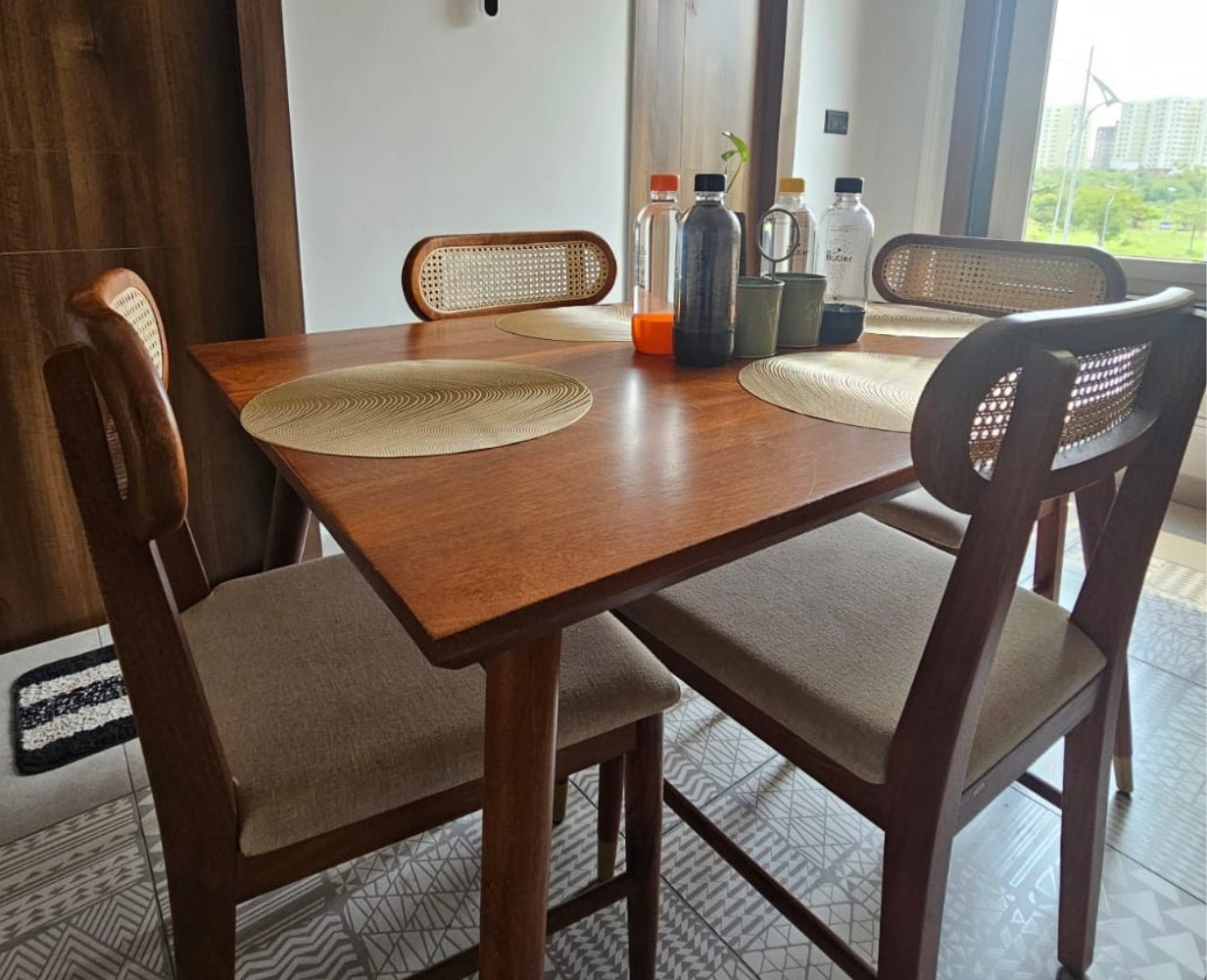 Boston Solid Wood Rattan Cane Dining Table Four-Seater Set