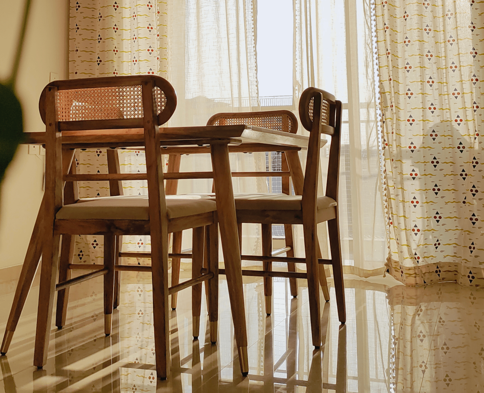 Boston Solid Wood Rattan Cane Dining Table Four-Seater Set