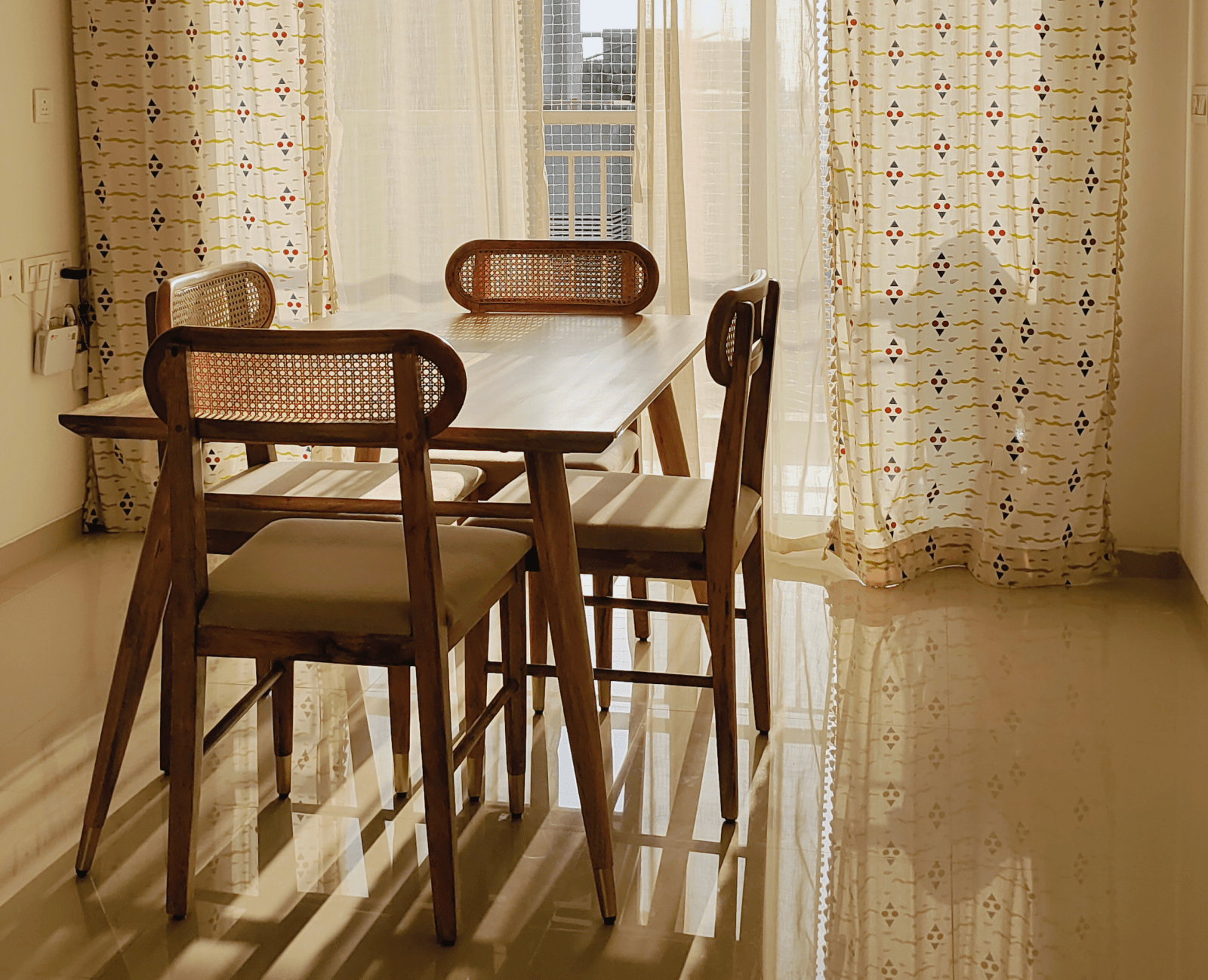 Boston Solid Wood Rattan Cane Dining Table Four-Seater Set