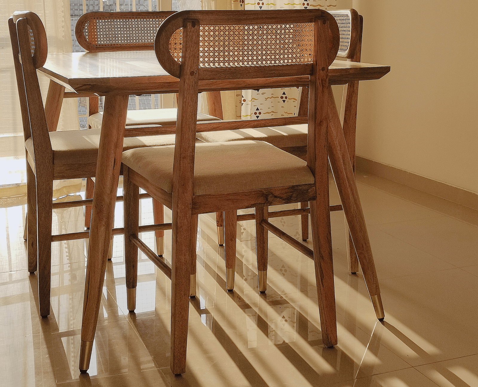 Boston Solid Wood Rattan Cane Dining Table Four-Seater Set