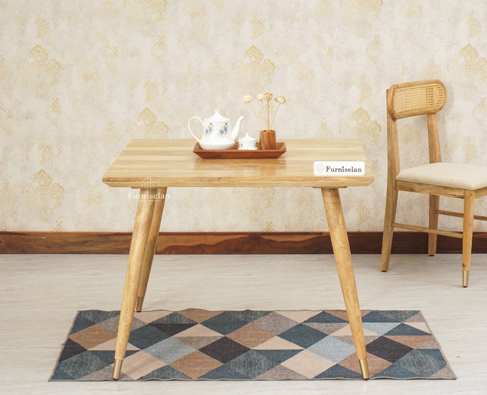 Boston Solid Wood Rattan Cane Dining Table Four-Seater Set