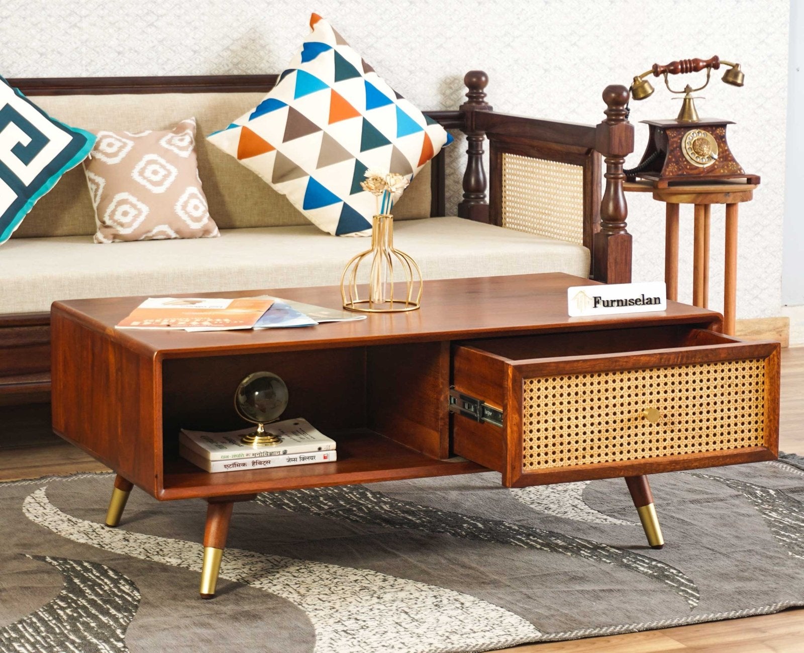 Buy Boston Solid Wood Rattan Cane One Drawer Coffee Table
