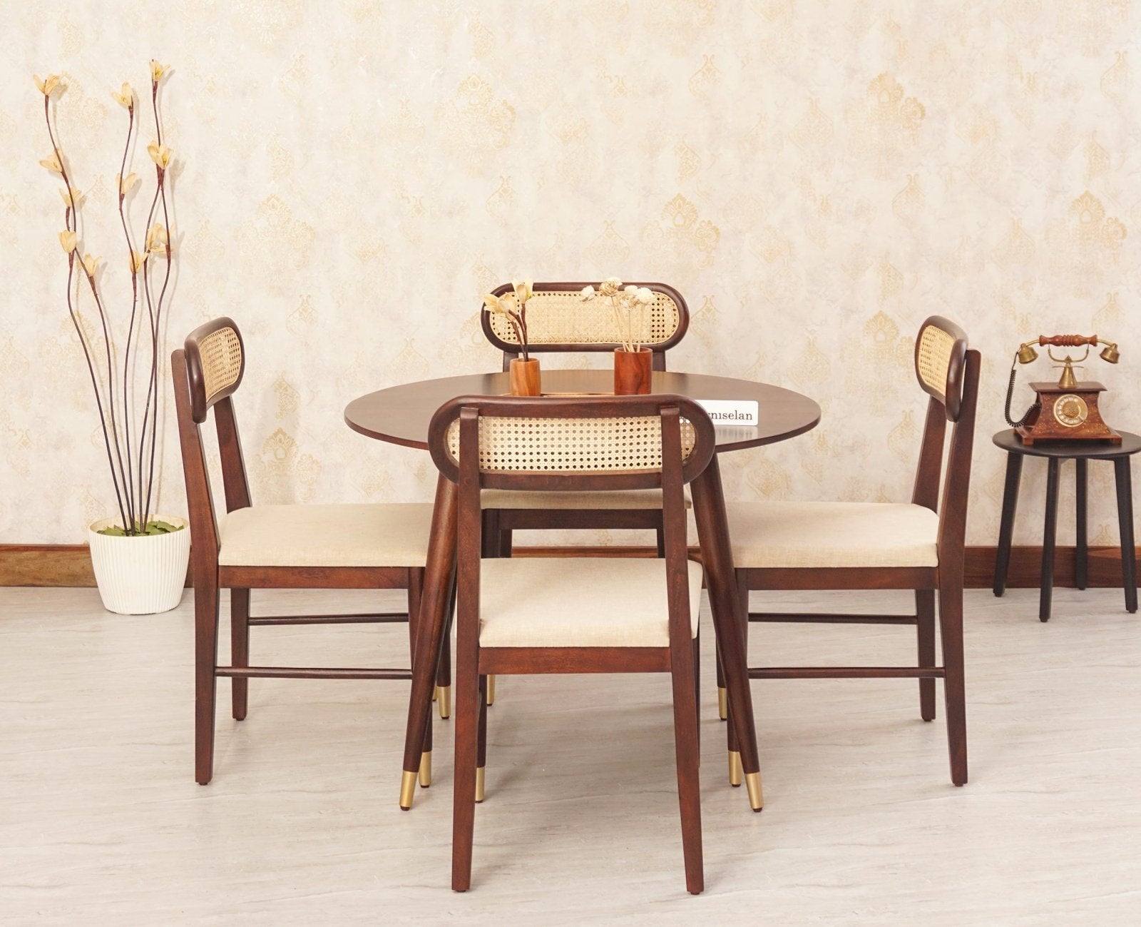 Boston Solid Wood Rattan Cane Dining Table Four-Seater Set