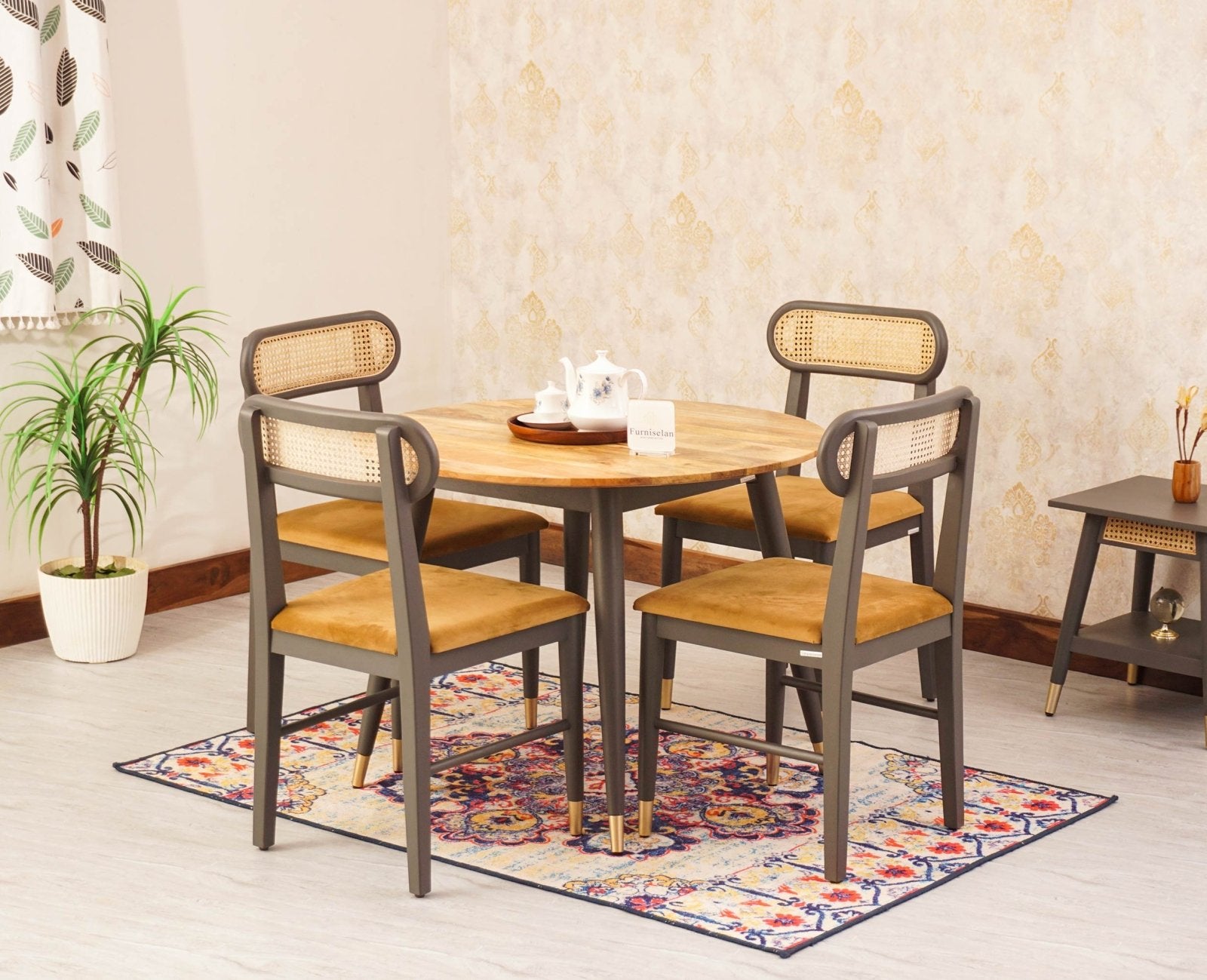 Boston Solid Wood Rattan Cane Dining Table Four-Seater Set