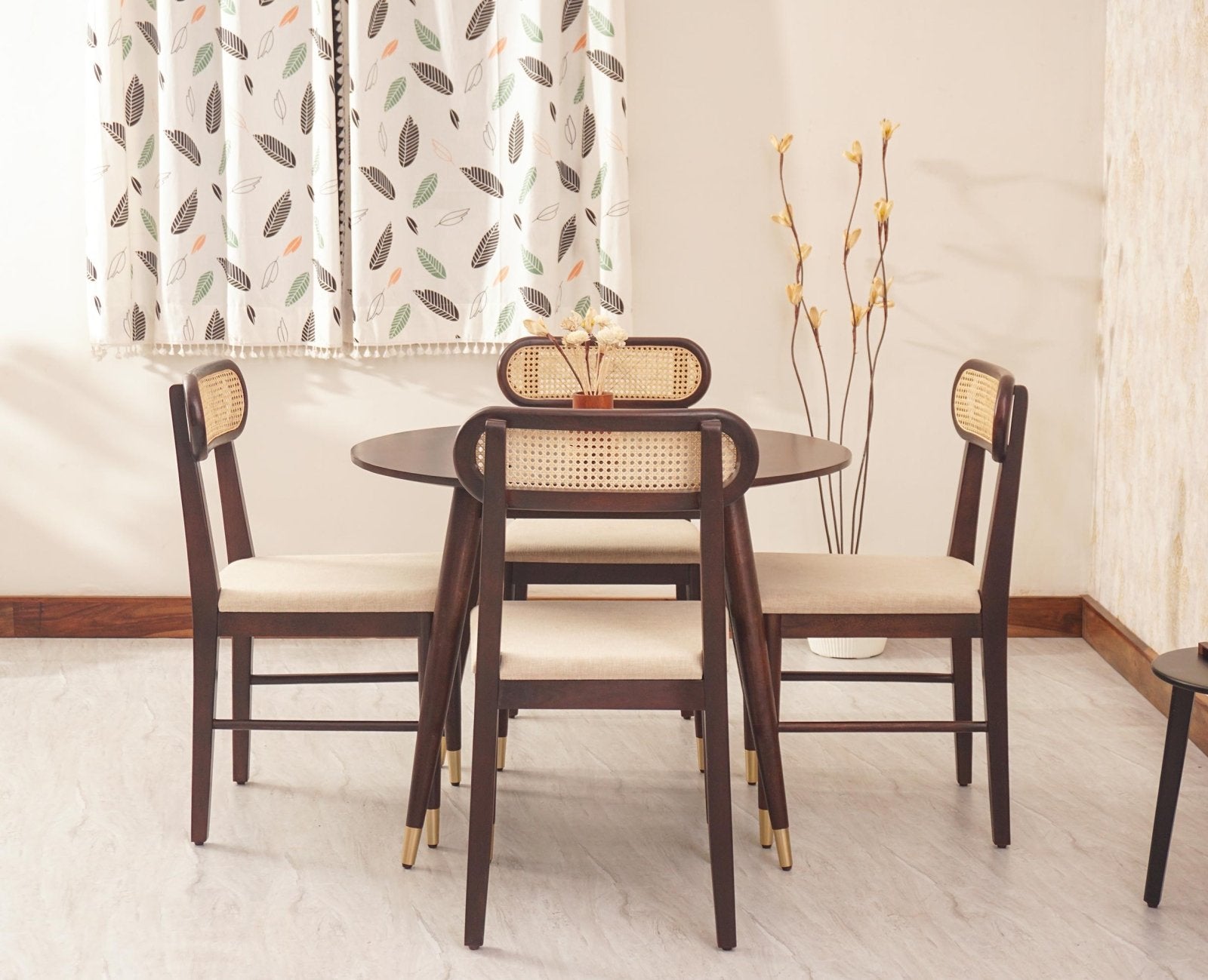Boston Solid Wood Rattan Cane Dining Table Four-Seater Set