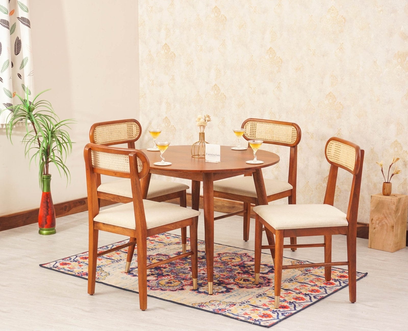 Boston Solid Wood Rattan Cane Dining Table Four-Seater Set