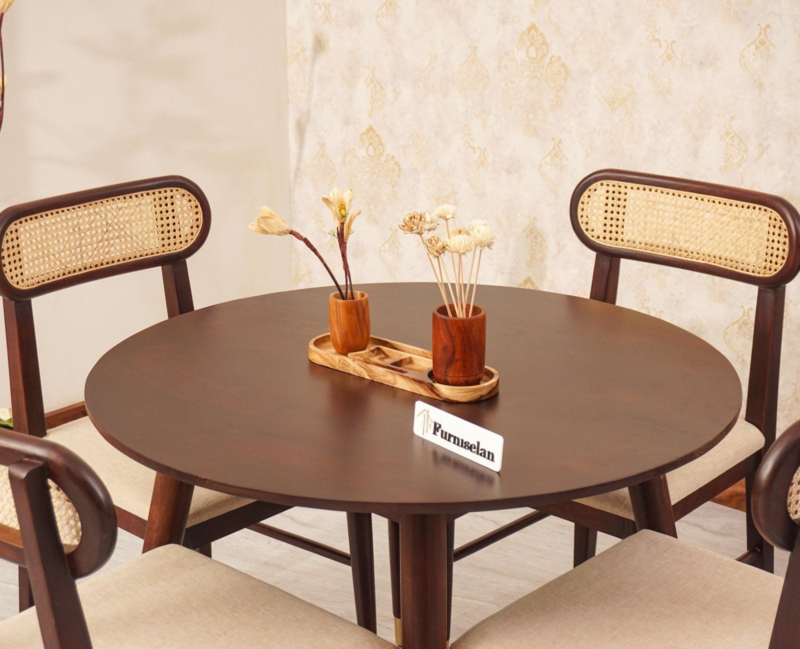 Boston Solid Wood Rattan Cane Dining Table Four-Seater Set