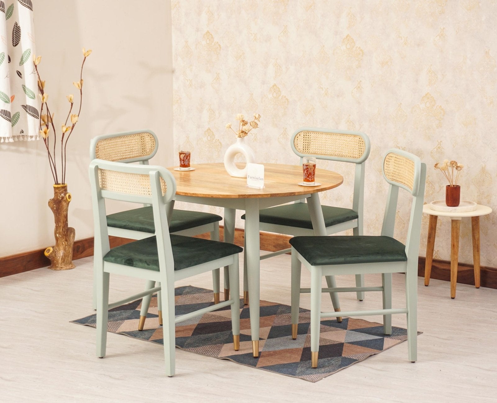 Boston Solid Wood Rattan Cane Dining Table Four-Seater Set