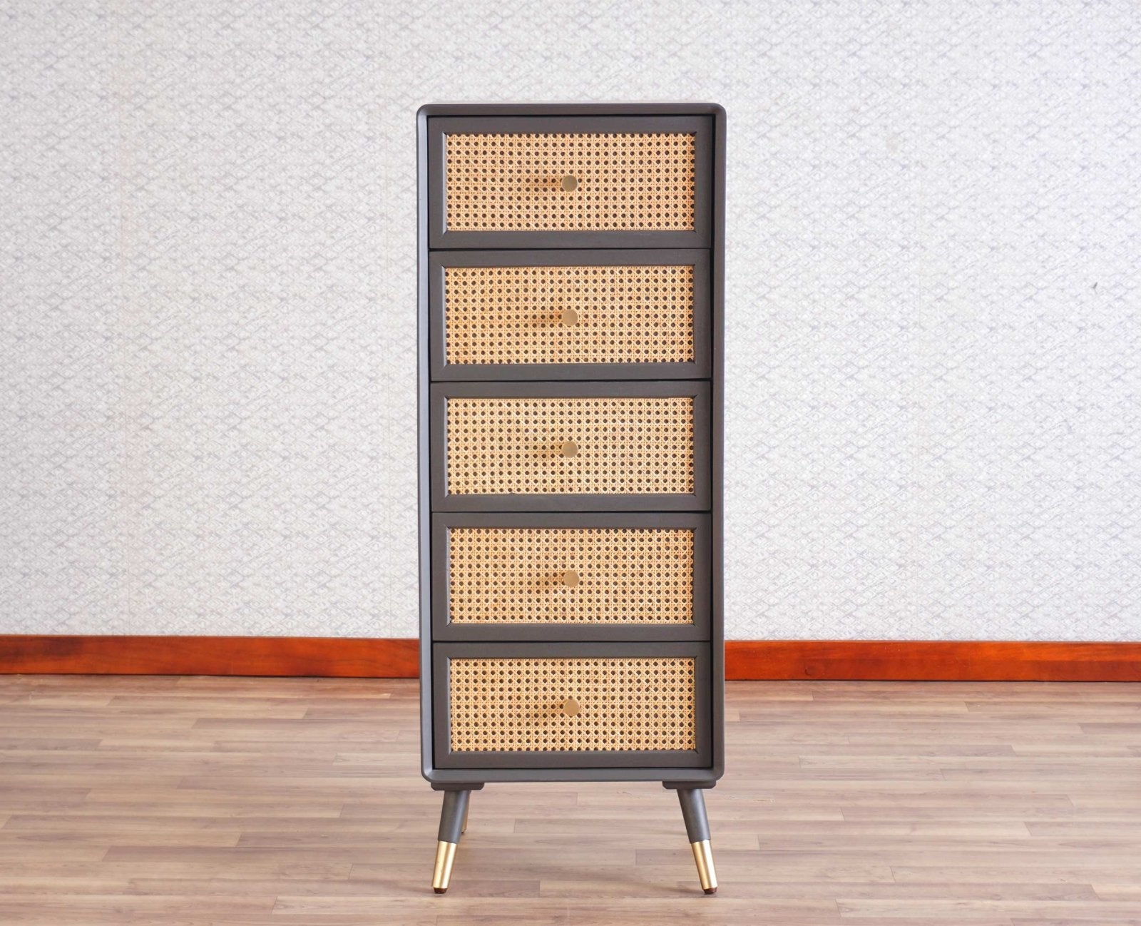 Boston Solid Wood Rattan Cane Chest of Drawer Five Drawer