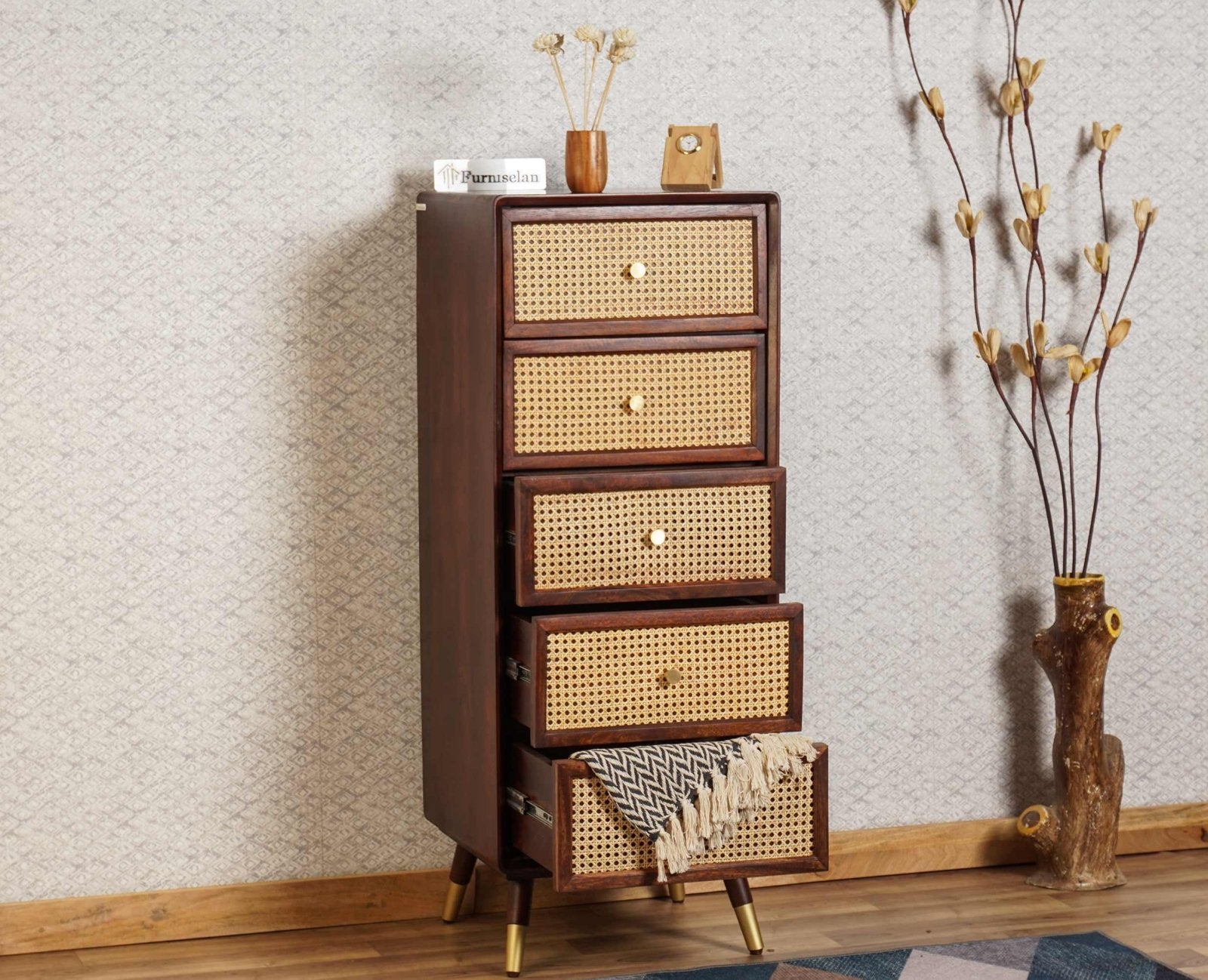 Boston Solid Wood Rattan Cane Chest of Drawer Five Drawer