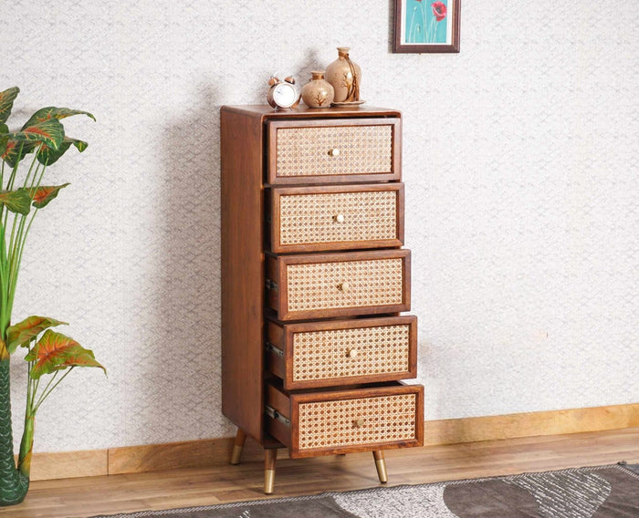 Boston Solid Wood Rattan Cane Chest of Drawer Five Drawer