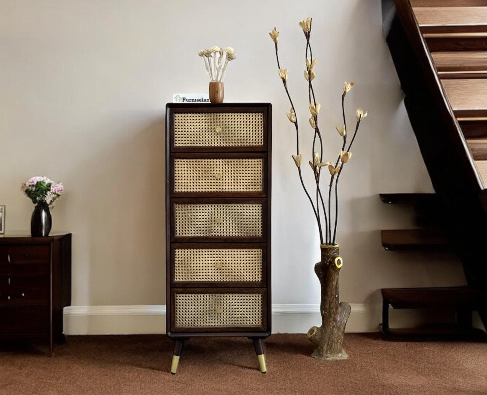 Boston Solid Wood Rattan Cane Chest of Drawer Five Drawer