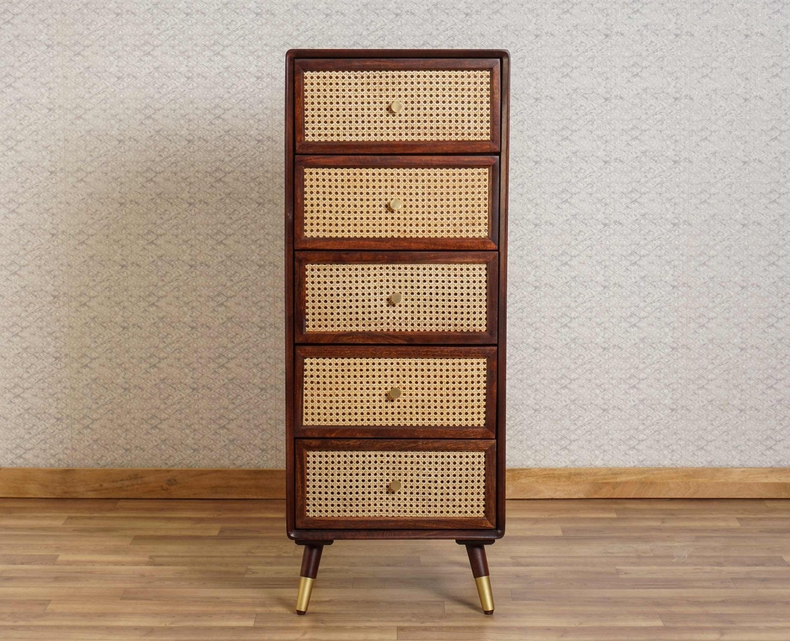 Boston Solid Wood Rattan Cane Chest of Drawer Five Drawer