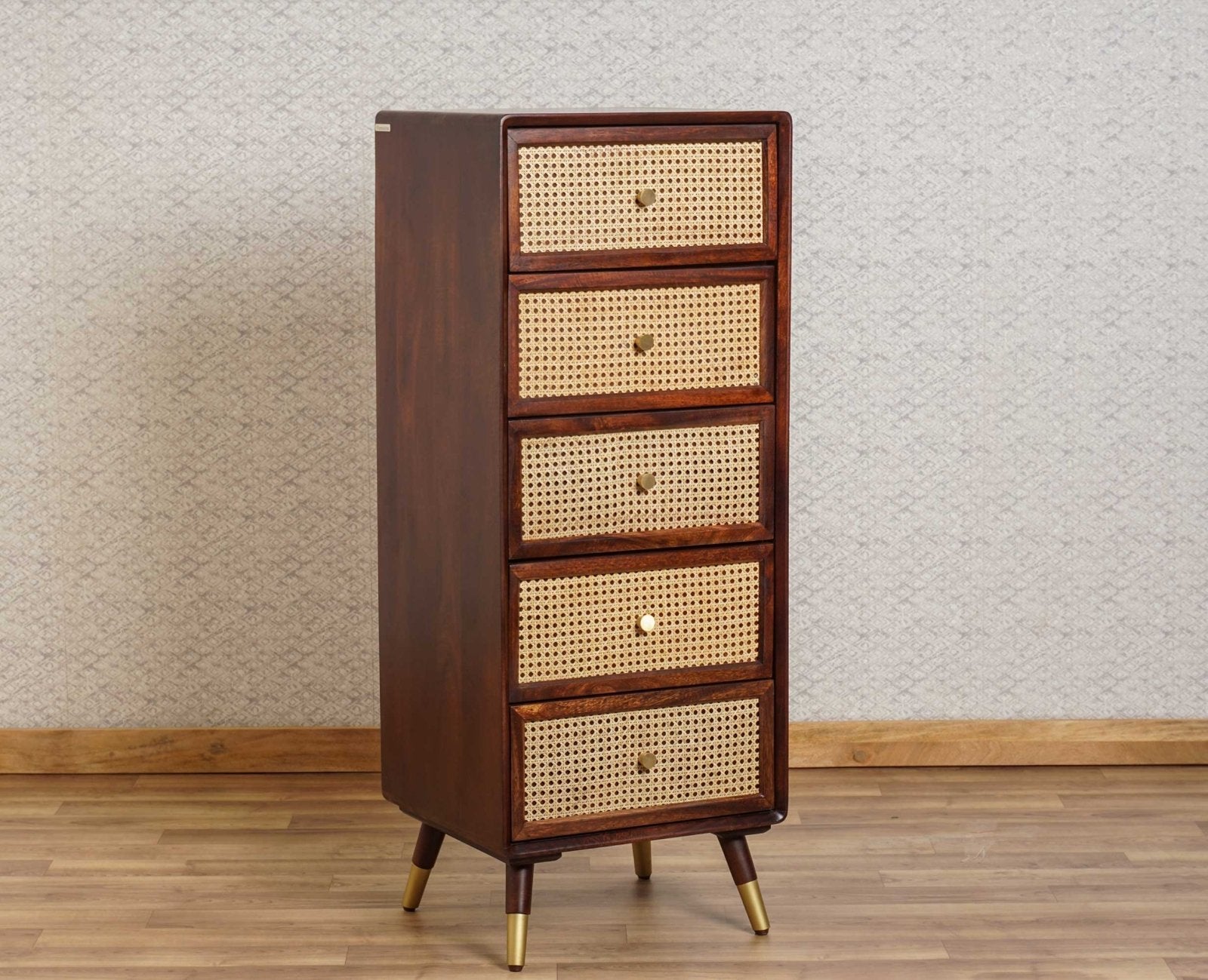 Boston Solid Wood Rattan Cane Chest of Drawer Five Drawer