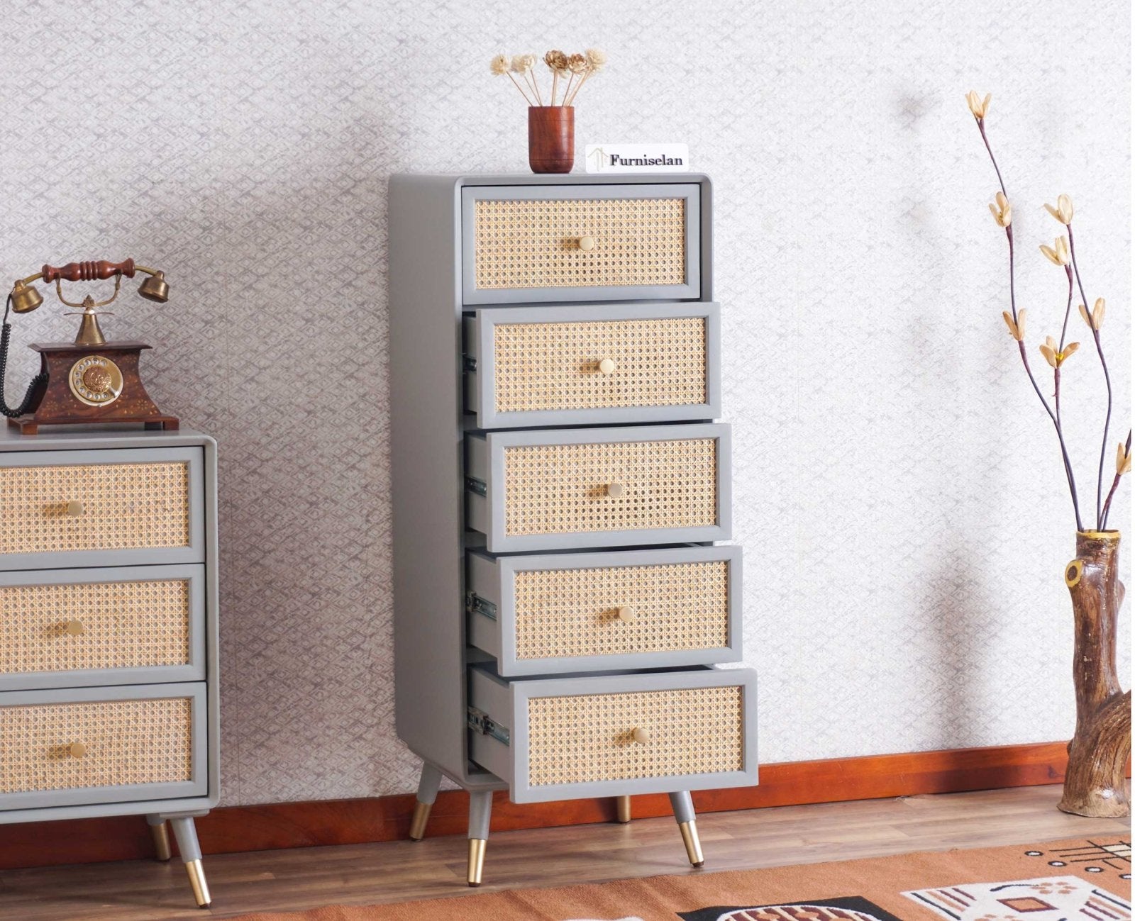 Boston Solid Wood Rattan Cane Chest of Drawer Five Drawer