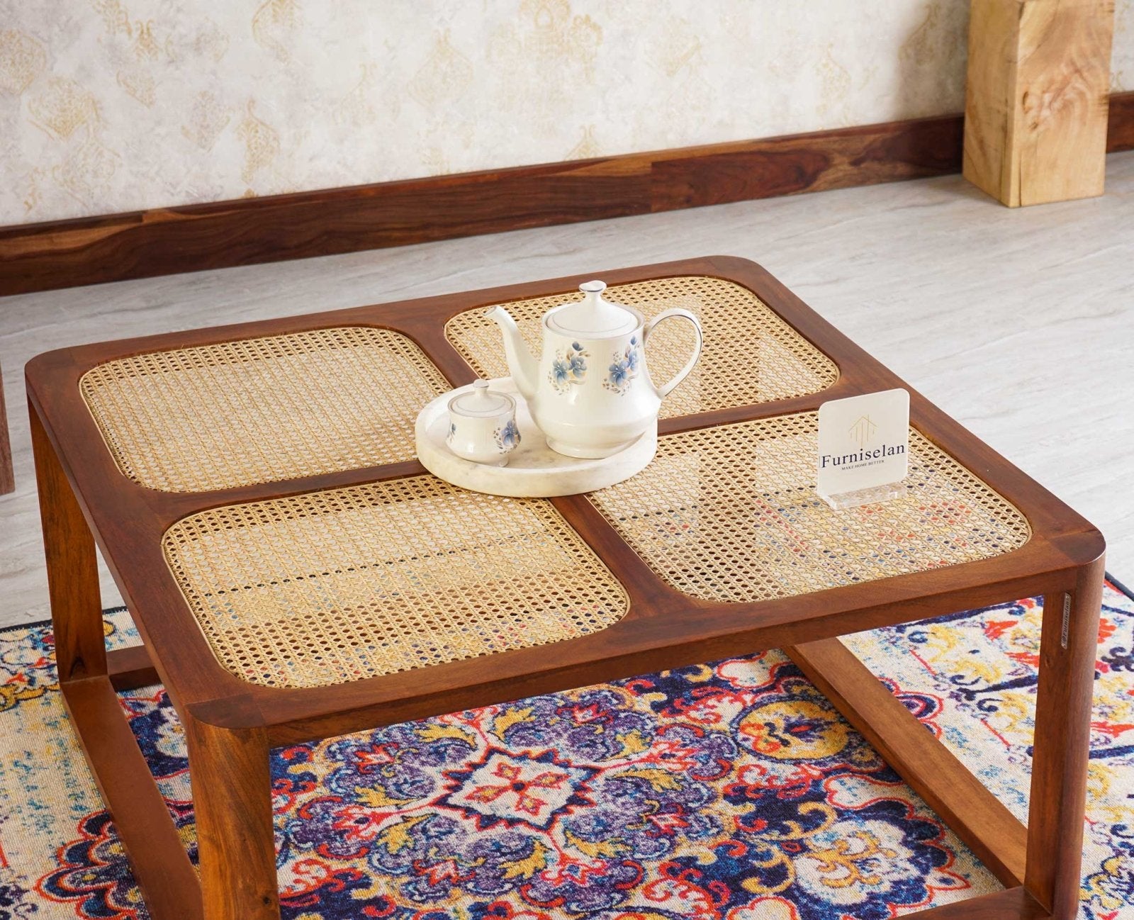 Boston Solid Wood Rattan Square Coffee Table