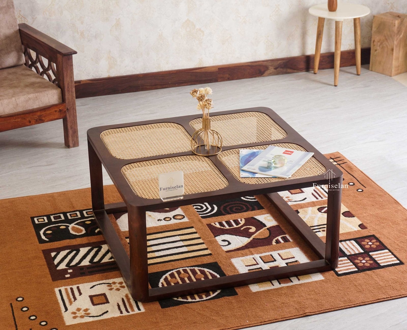 Boston Solid Wood Rattan Square Coffee Table