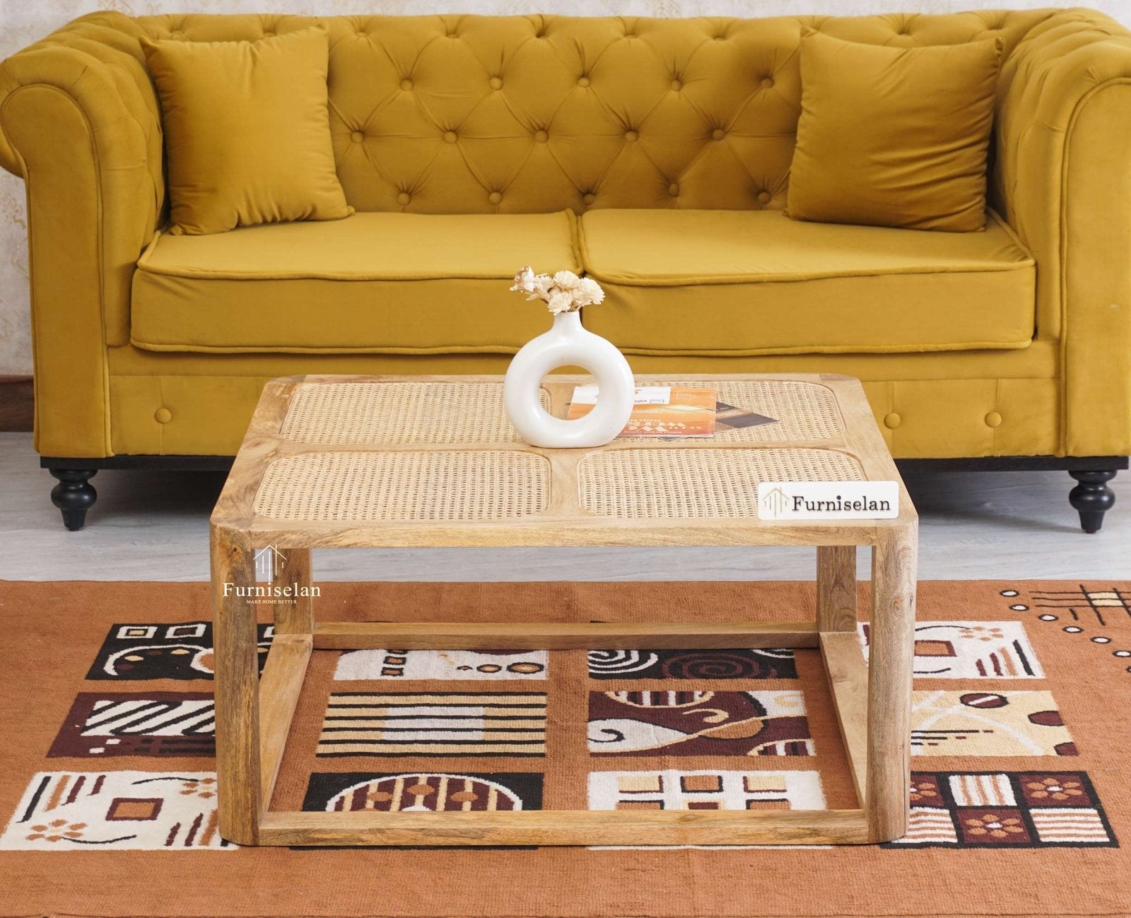 Boston Solid Wood Rattan Square Coffee Table