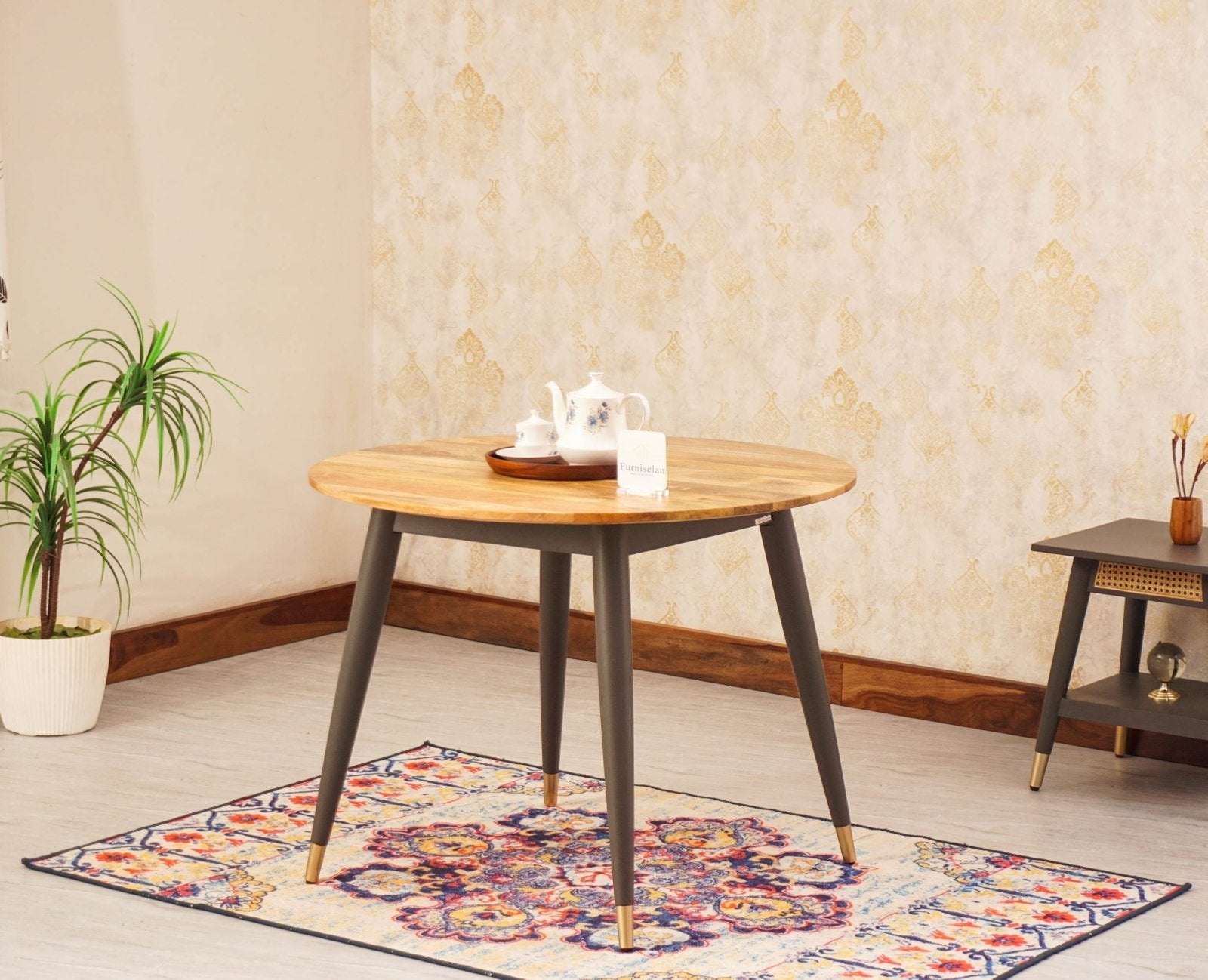 Boston Solid Wood Rattan Cane Dining Table Four-Seater Set