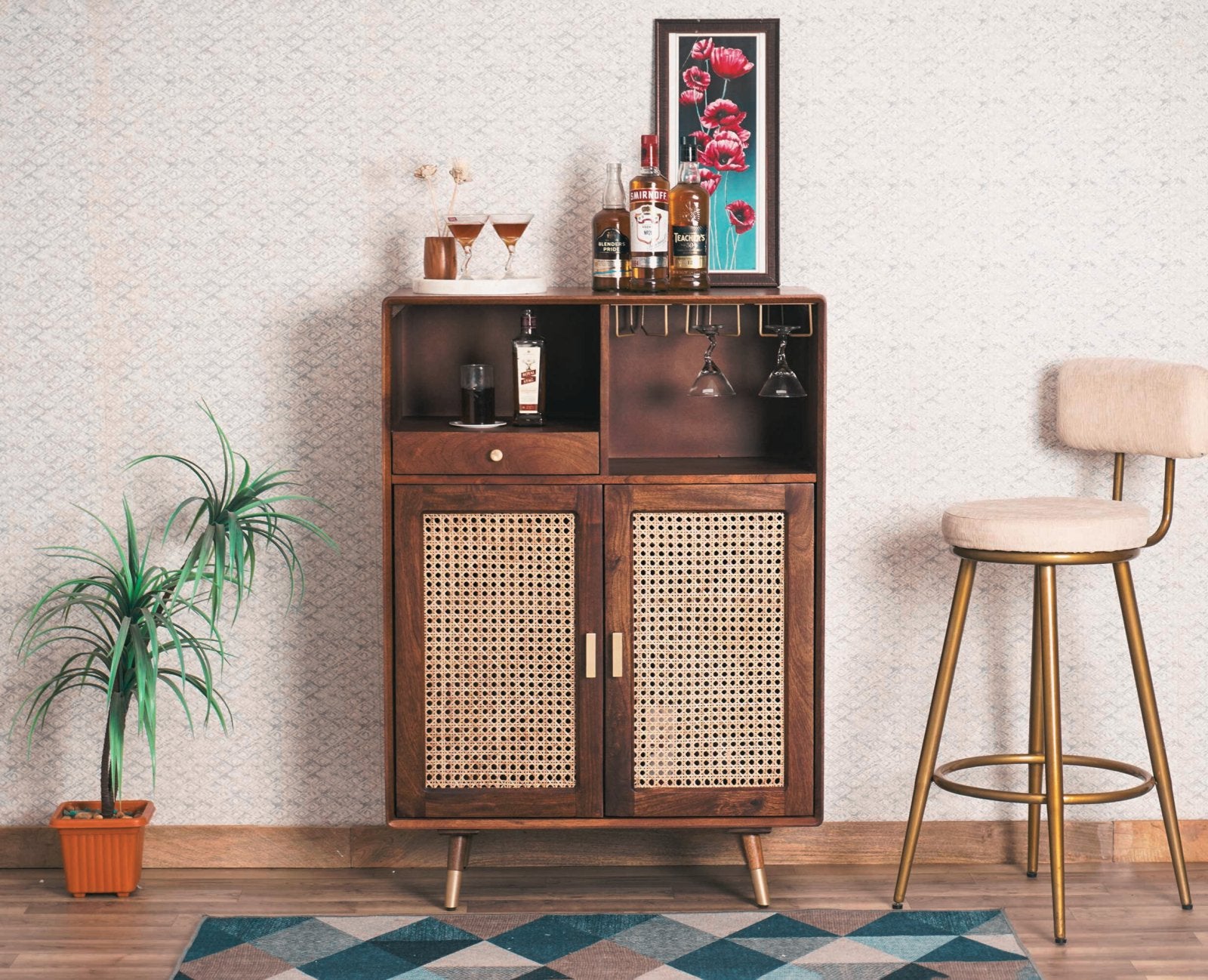 Boston Solid Wood Rattan Cane Bar Cabinet with Glass Holder Storage