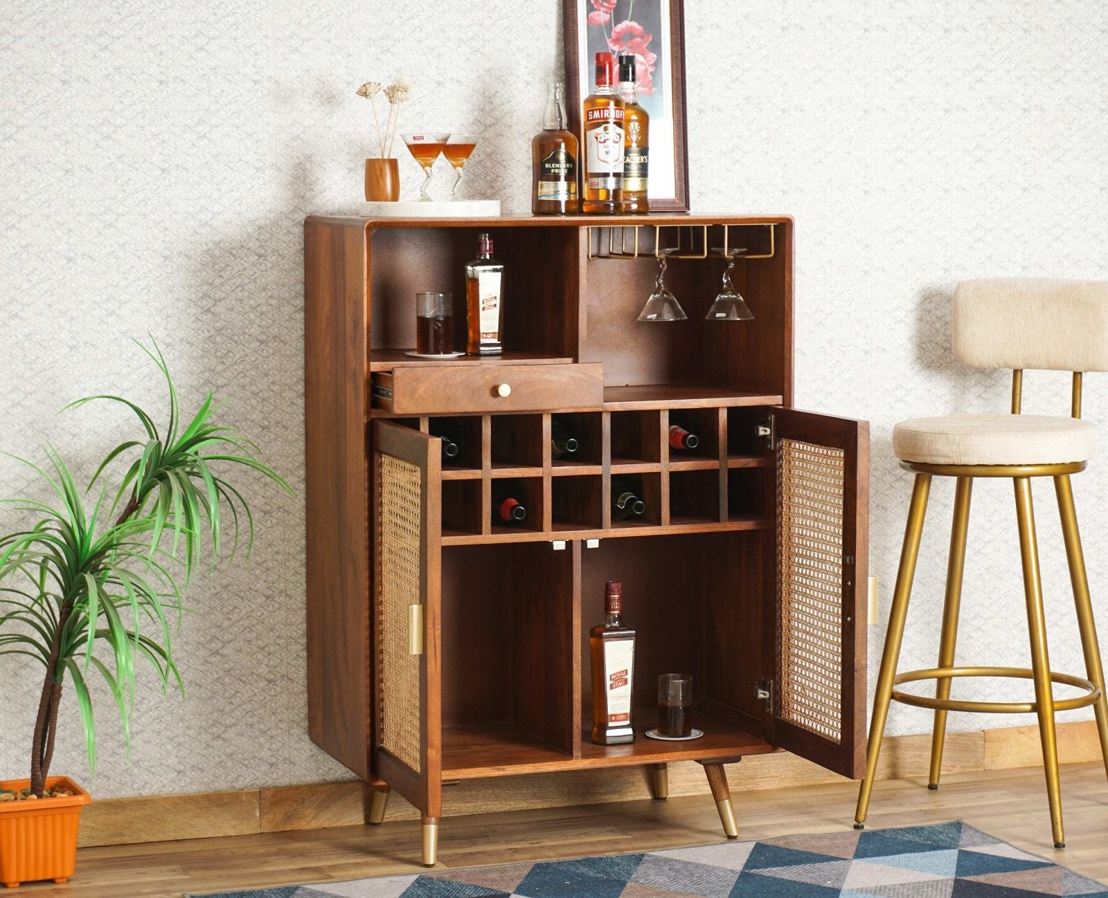 Boston Solid Wood Rattan Cane Bar Cabinet with Glass Holder Storage