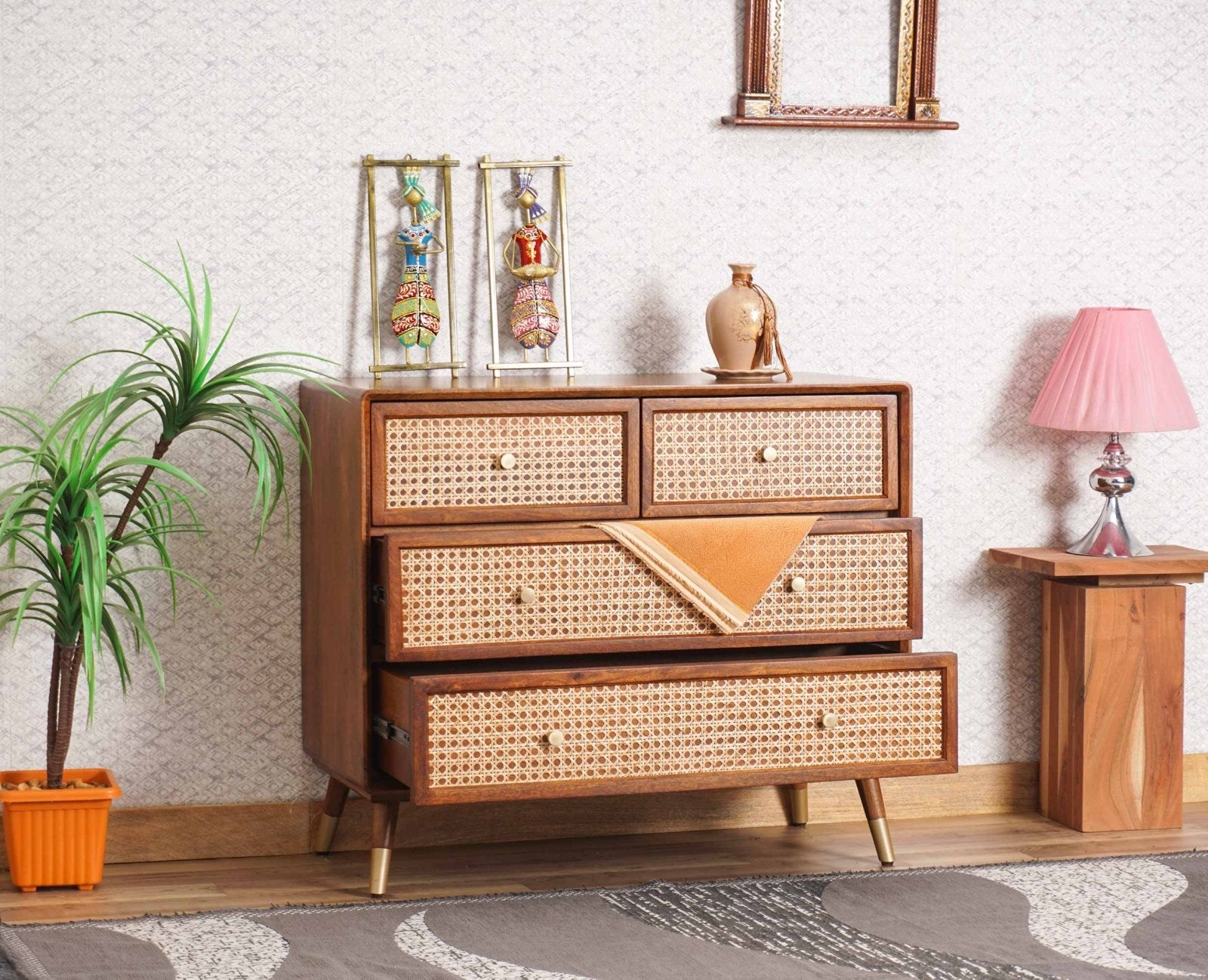 Boston Solid Wood Rattan Cane Chest of Drawer Four Drawer