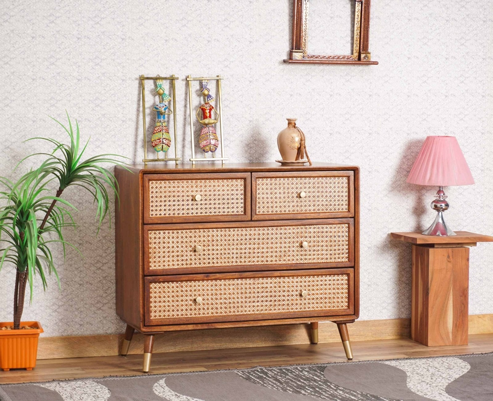 Boston Solid Wood Rattan Cane Chest of Drawer Four Drawer