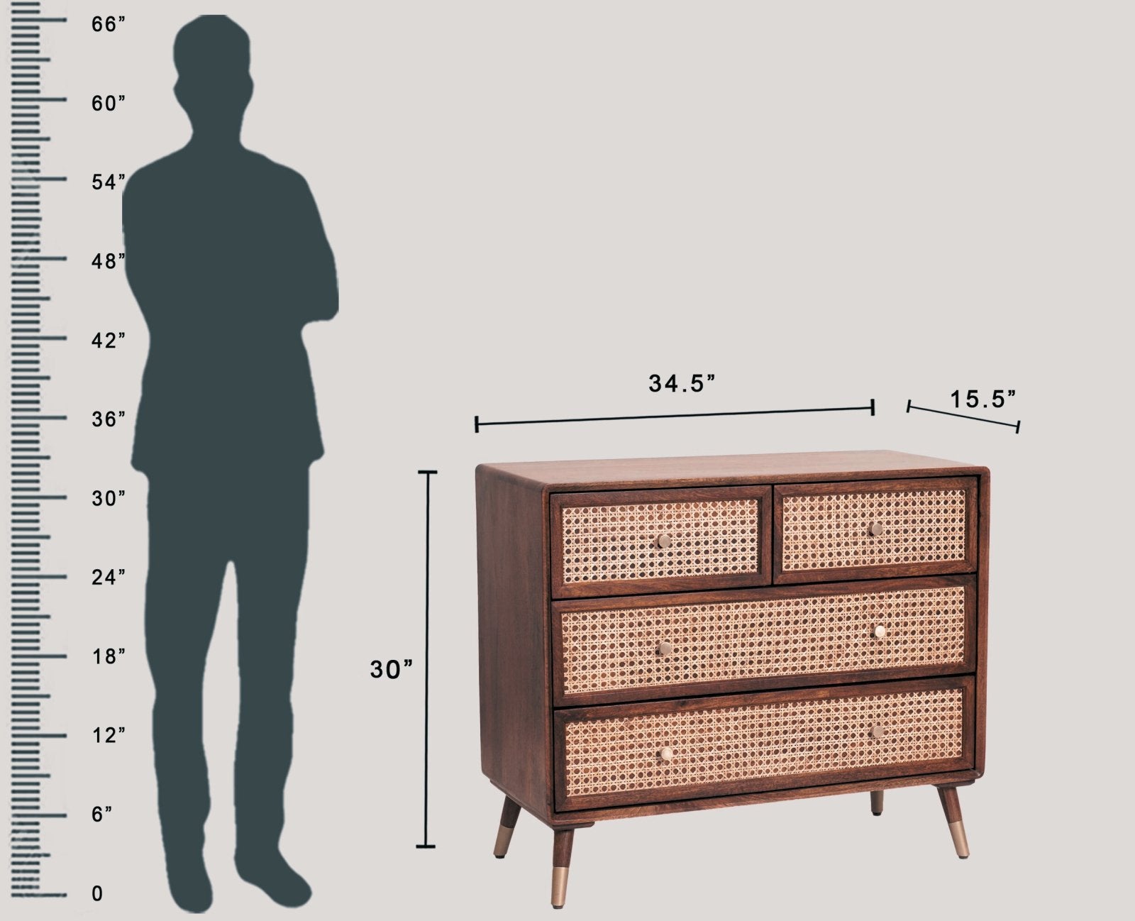 Boston Solid Wood Rattan Cane Chest of Drawer Four Drawer