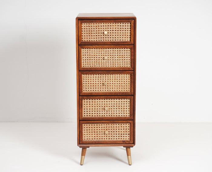 Boston Solid Wood Rattan Cane Chest of Drawer Five Drawer